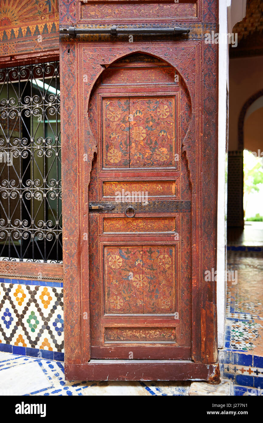 Arabesque Moorish painted door panel of the Dar Jamai Museum, typical ...