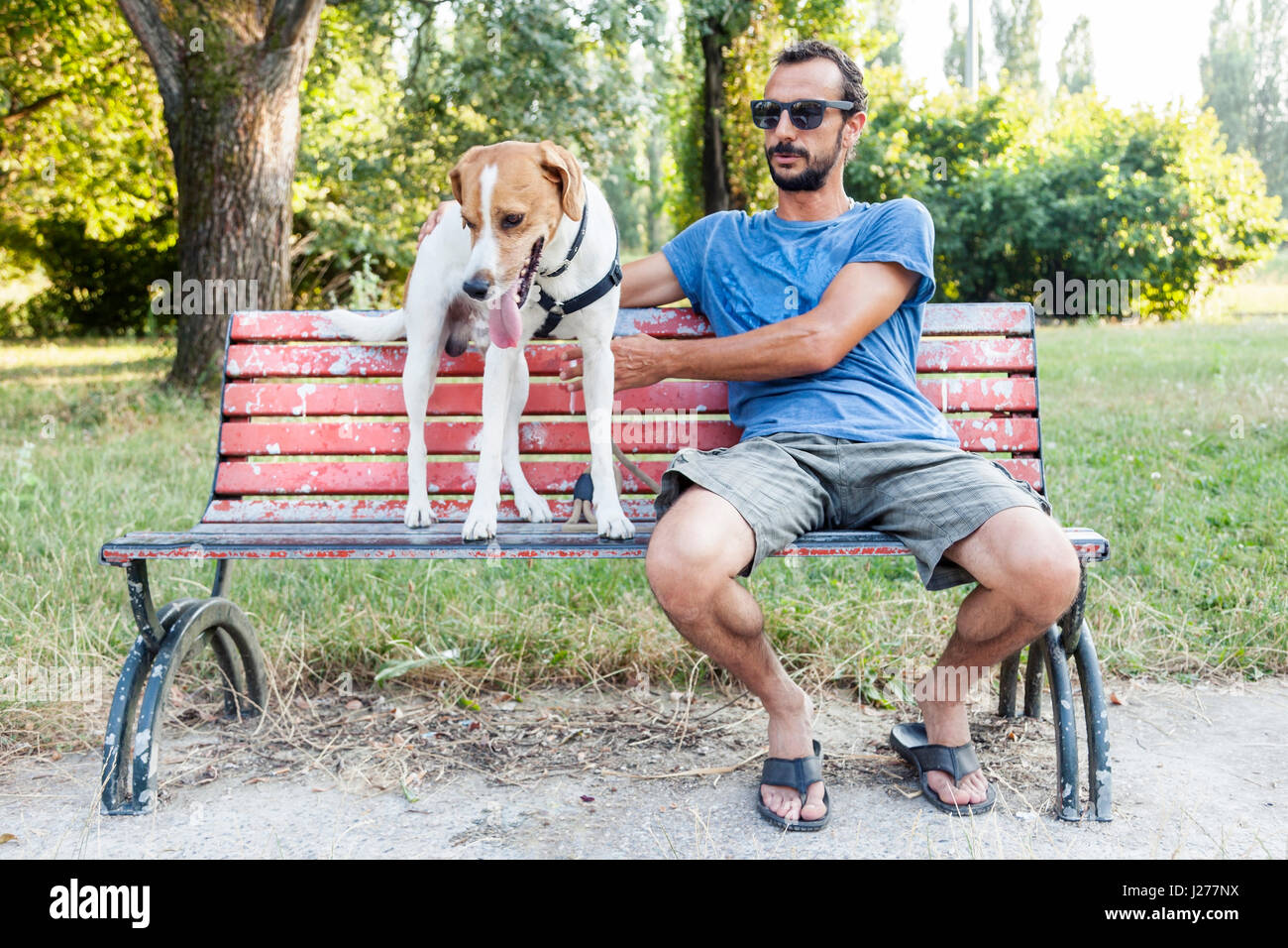 young man with his dog sitting on a park bench Stock Photo - Alamy