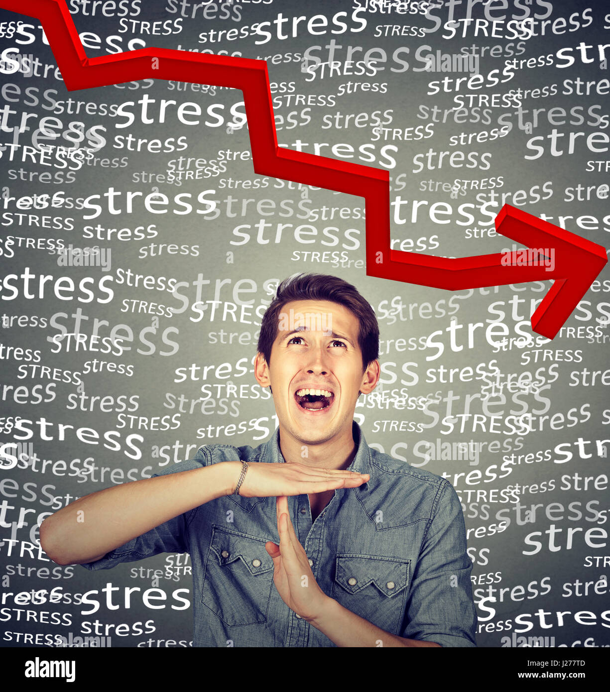 Young man showing time out hand gesture, frustrated screaming isolated ...