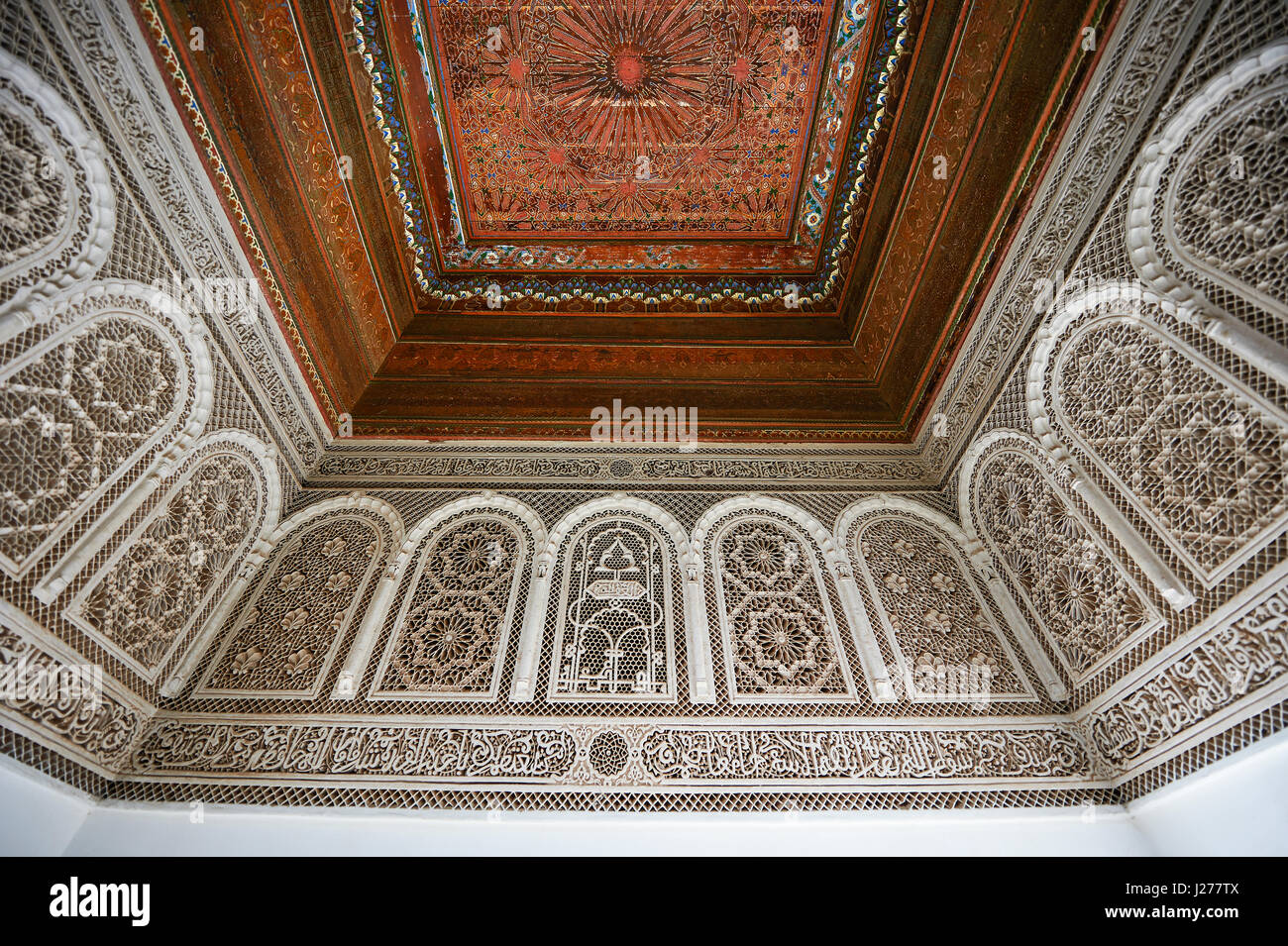 Mocarabe Berber arabesque plasterwork and wood inlaid ceiling.The ...
