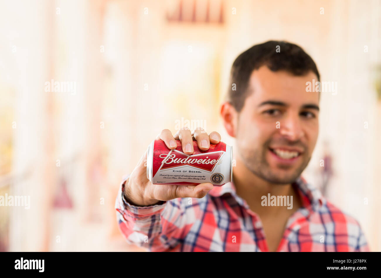 Attractive young smiling man holding a Budweiser can Stock Photo - Alamy