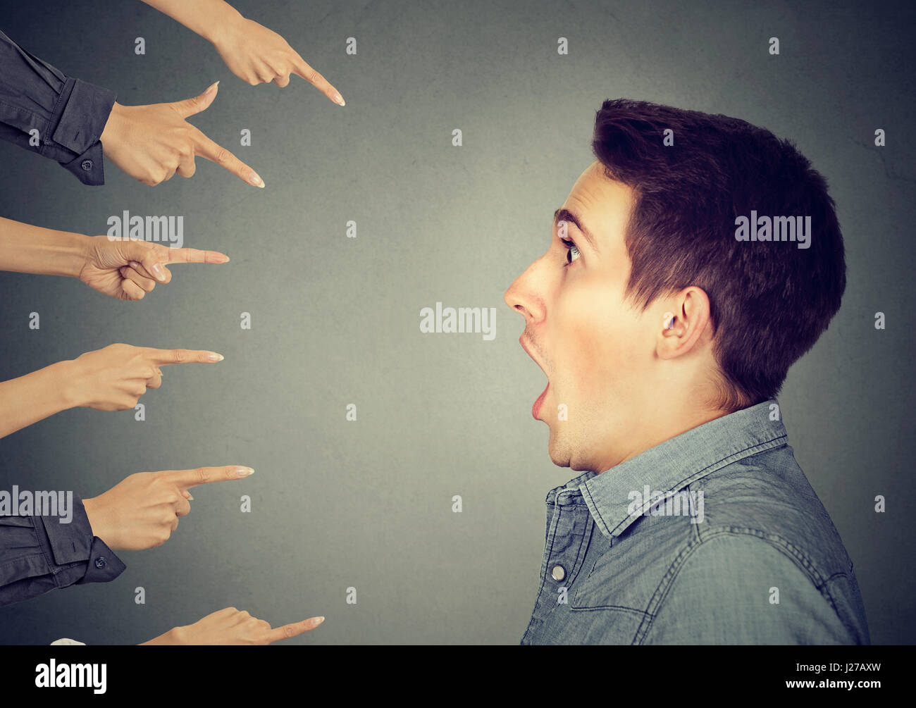 Concept of accusation guilty person guy. Side profile shocked man ...