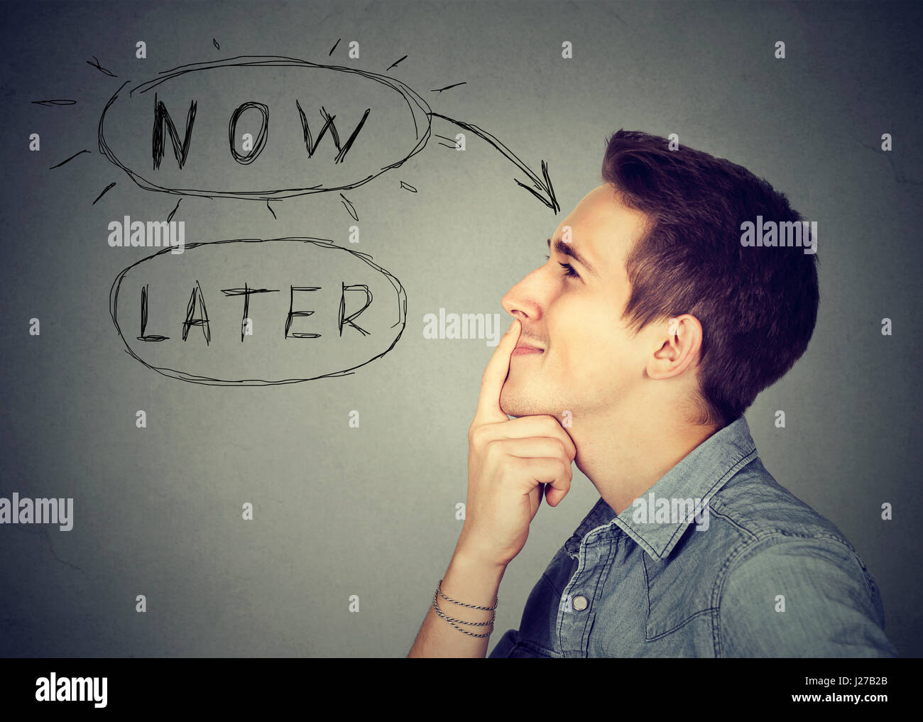 Now or later. Side profile happy man thinking looking up making up his ...