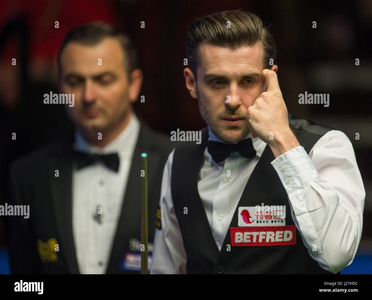 Sheffield. 25th Apr, 2017. Mark Selby from England reacts during his ...