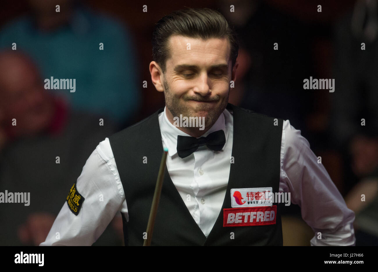 Sheffield. 25th Apr, 2017. Mark Selby from England looks reacts during ...