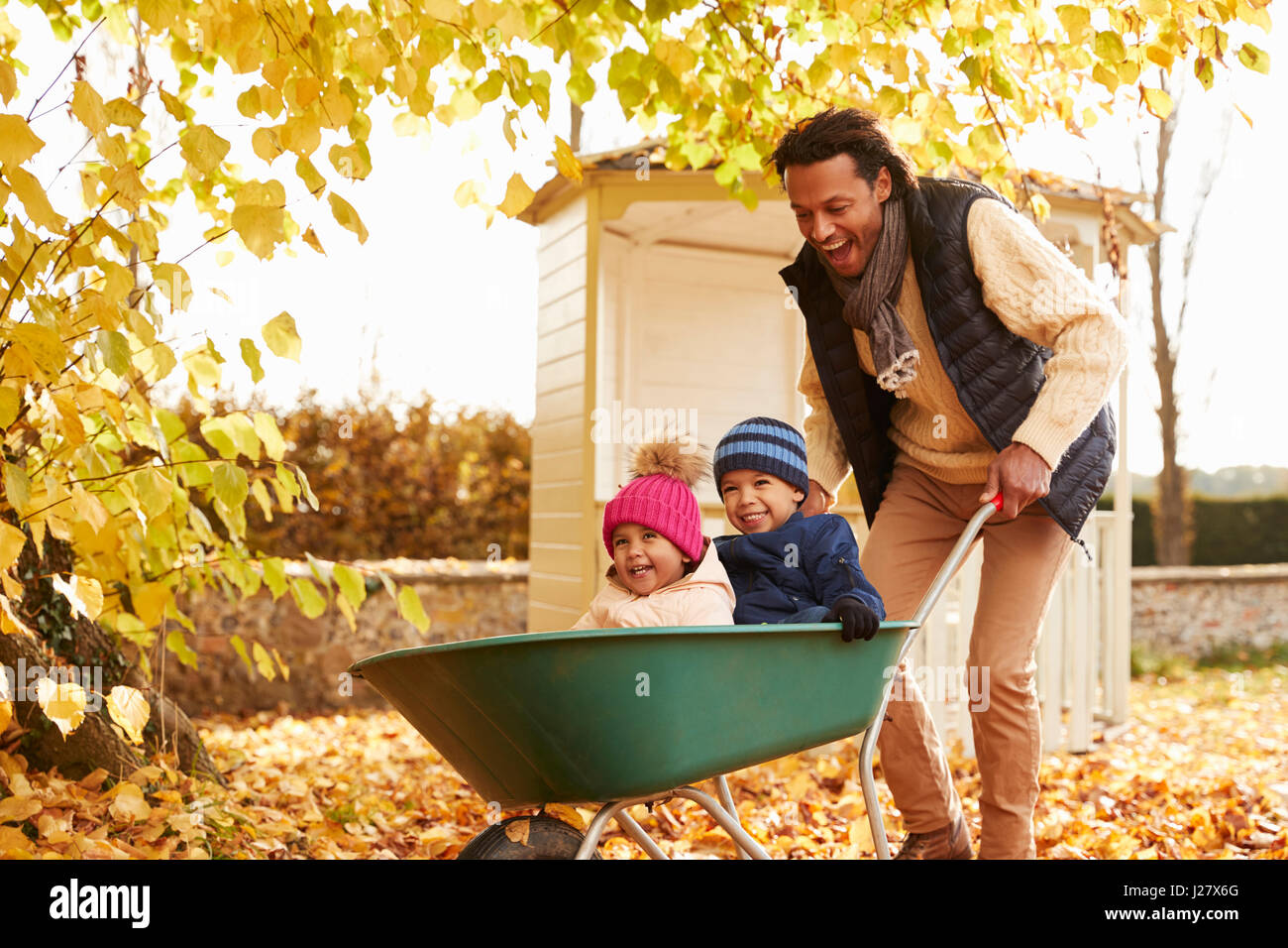 Father In Autumn Garden Gives Children Ride In Wheelbarrow Stock Photo ...