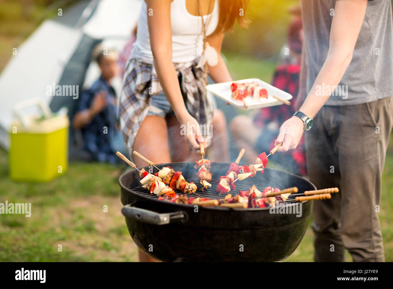 Close up grill with colorful barbecue on grill in campground Stock ...