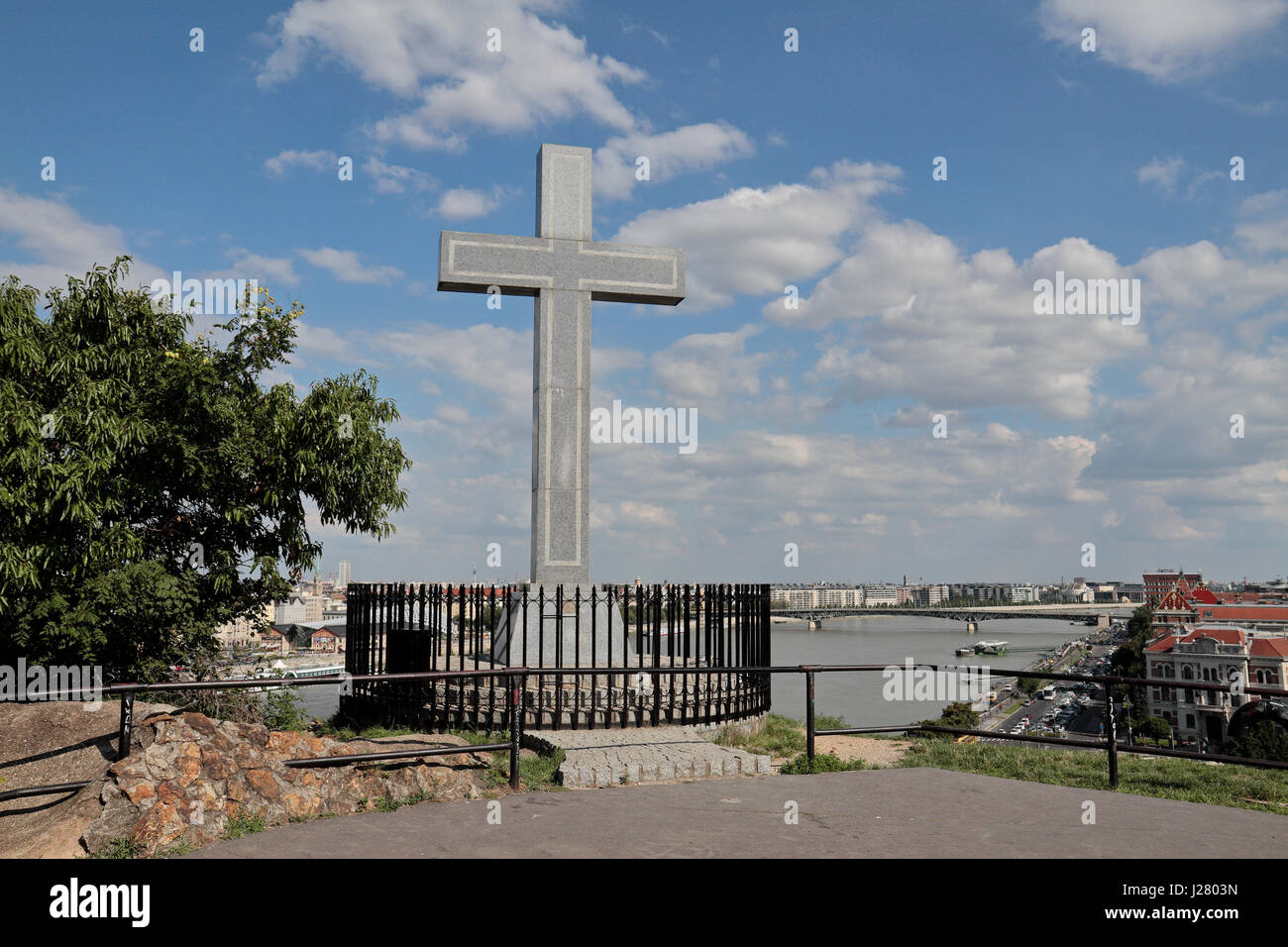 Cross on Gellert Hill, over the River Danube to Pest in Budapest ...