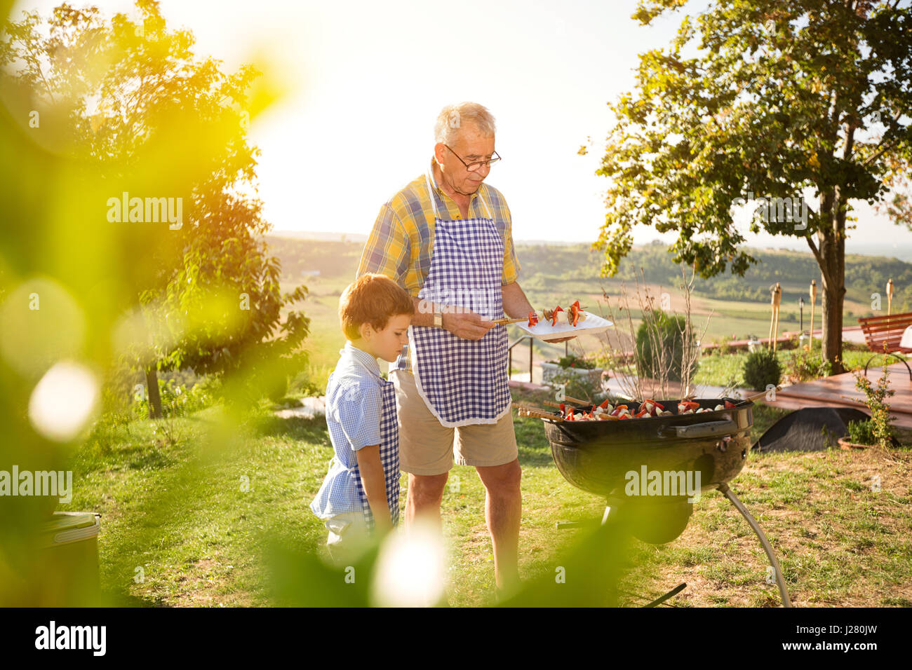 family cooking barbecue in park Stock Photo - Alamy