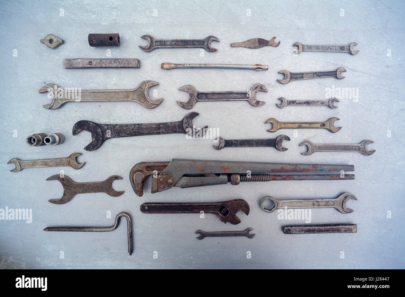 Overhead view of hand tools arranged on table Stock Photo - Alamy