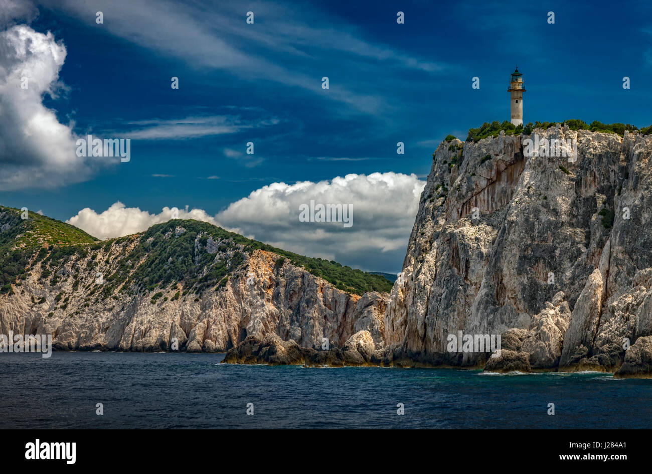 The lighthouse at cape Lefkada, the southern point of the island Stock ...
