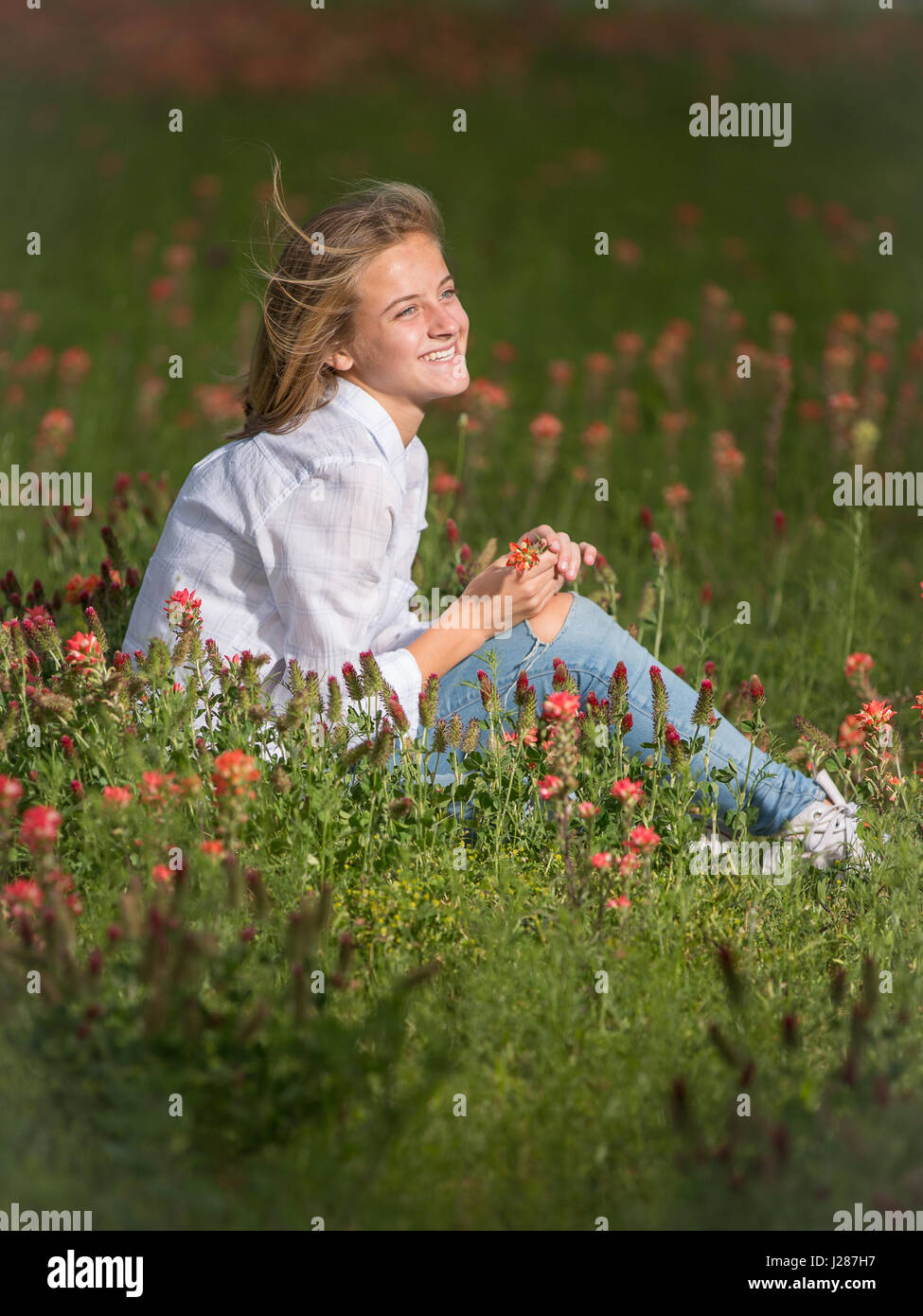 Young Woman Sitting In Bed of Wild Flowers Stock Photo - Alamy