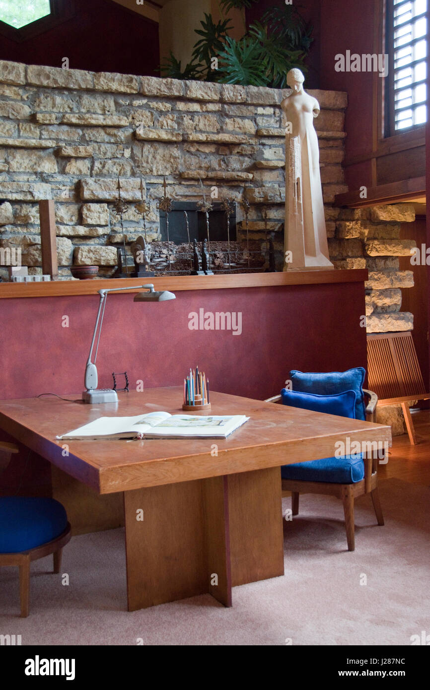 Architect Frank Lloyd Wright's desk and office area at Taliesin, his ...