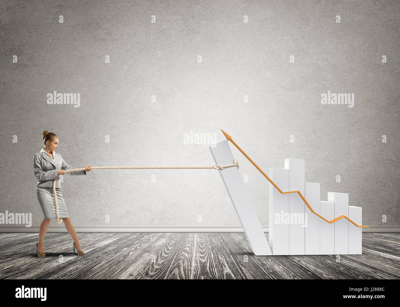Businesswoman pulling graph with rope as symbol of power and control ...