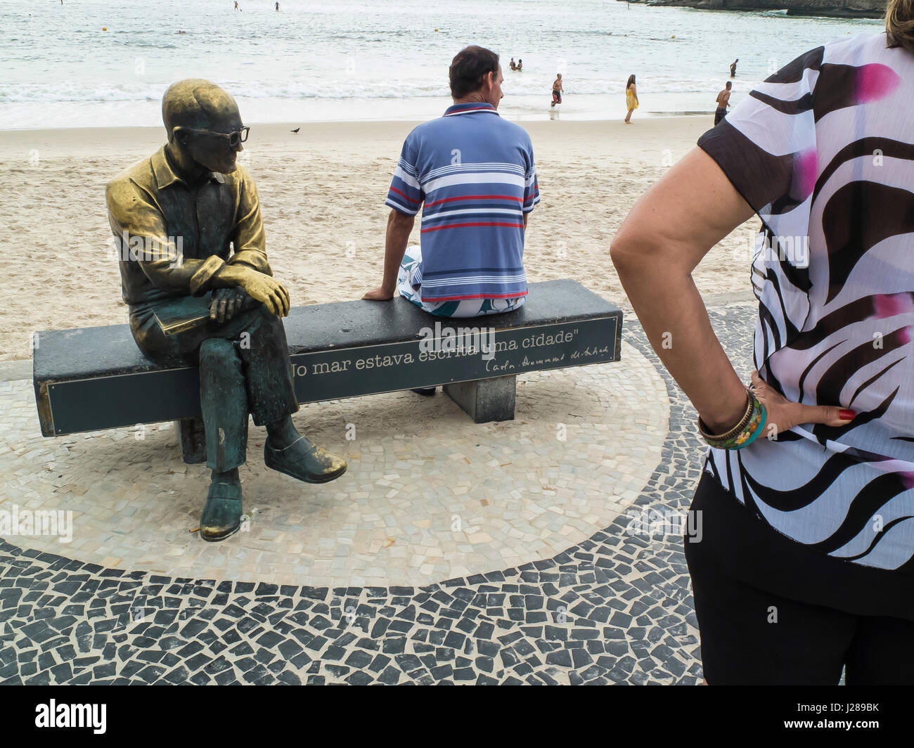 South America, Brazil, Rio de Janeiro, Copacabana Beach, bronze statue ...