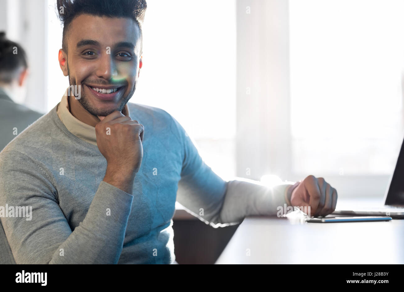 Hispanic Business Man Sit Desk Modern Coworking Space Happy Smiling ...