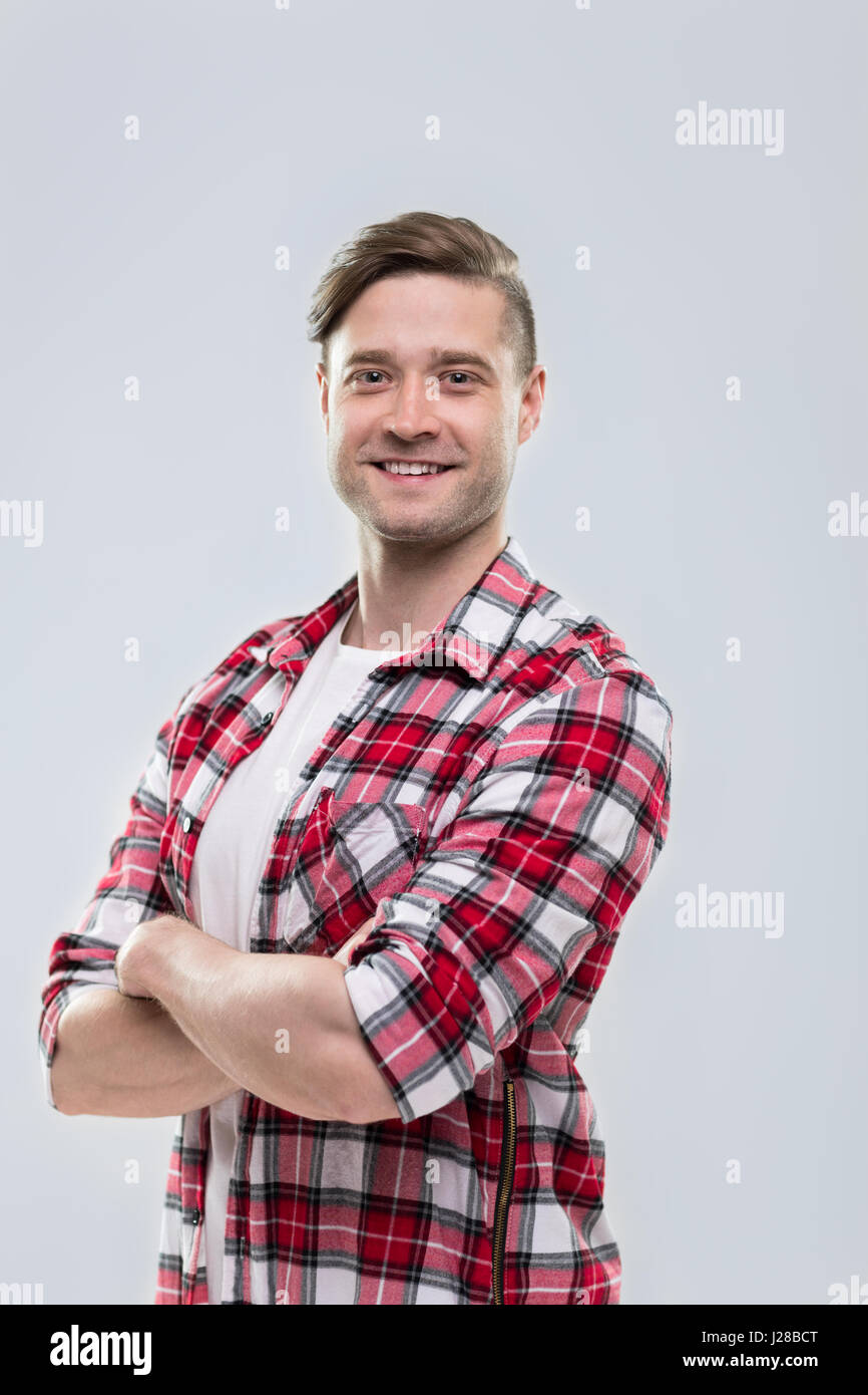 Casual Man Happy Smile Young Handsome Guy Folded Hands Wear Checked ...