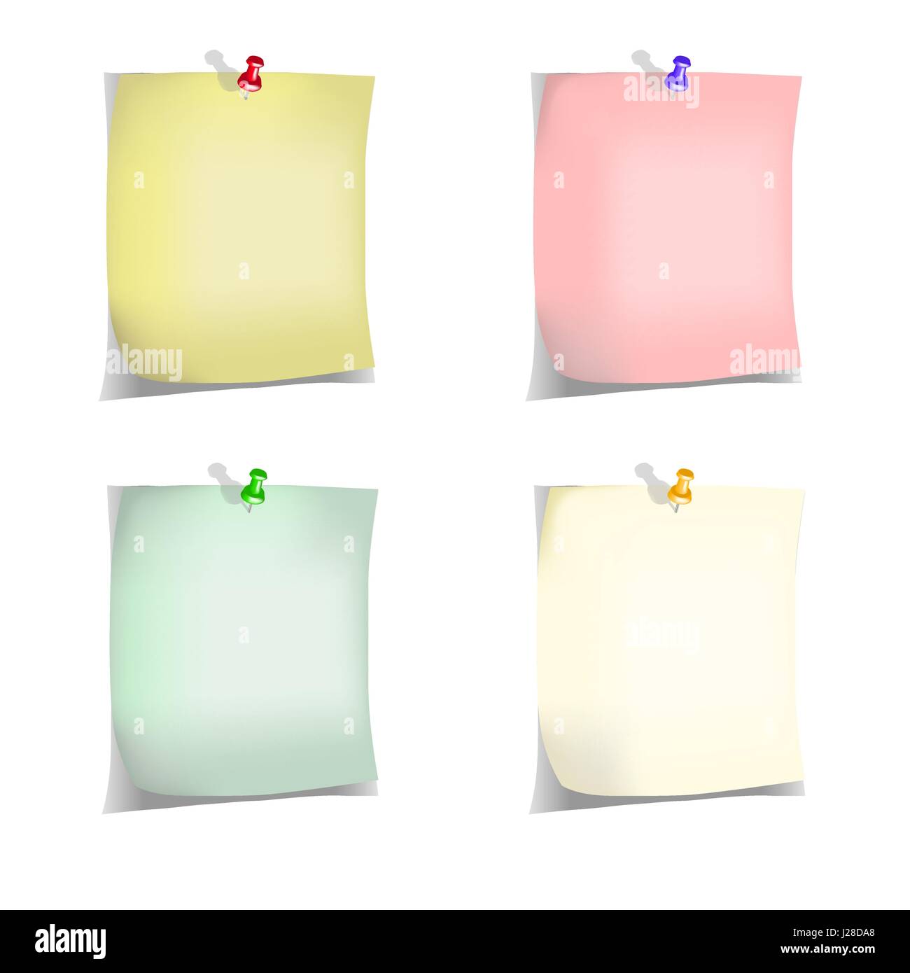 Four notes pinned to the wall with pins of different colors with ...