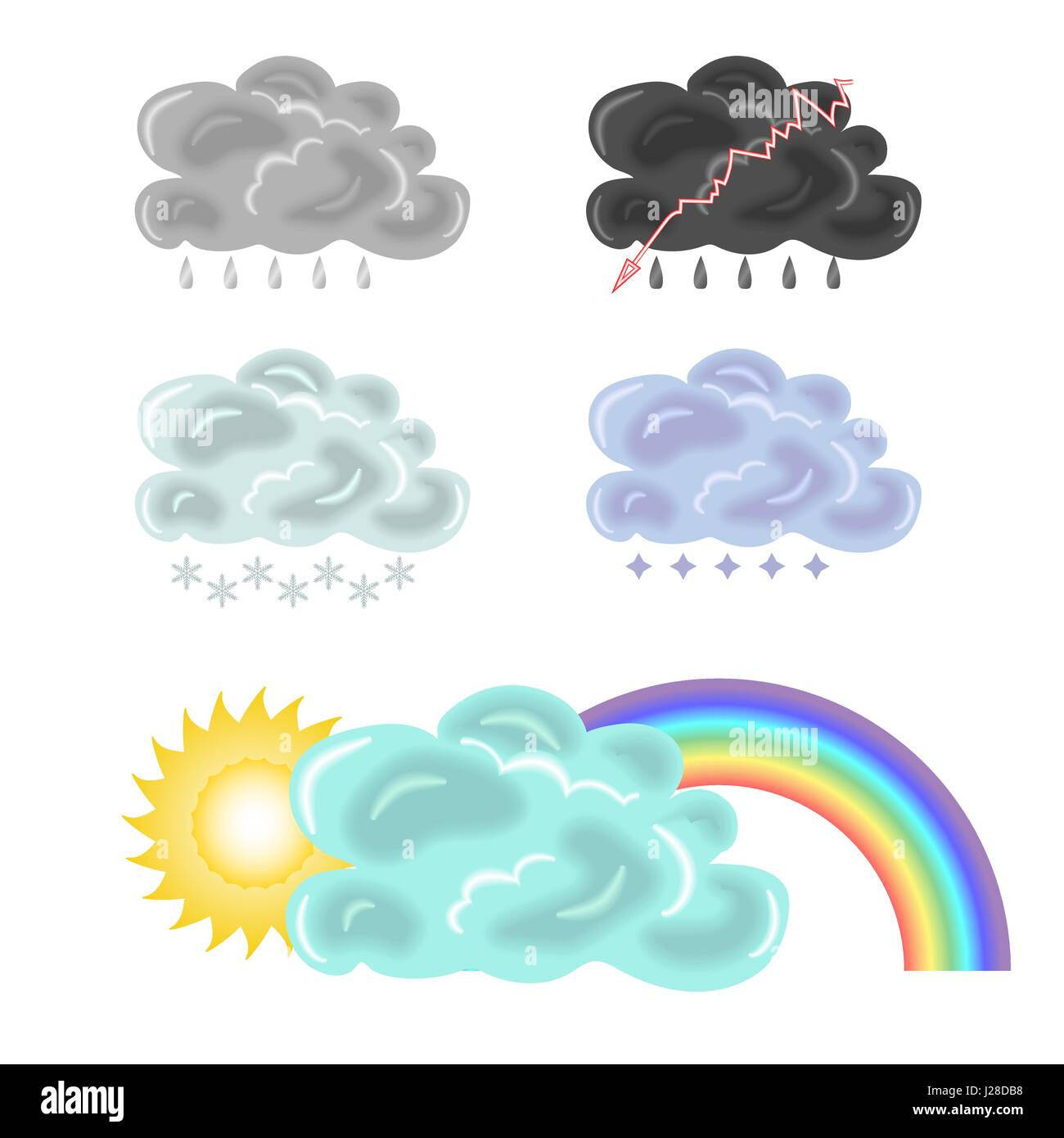Five variants of clouds, rainbow and sun. Rain, snow, hail storm Stock ...
