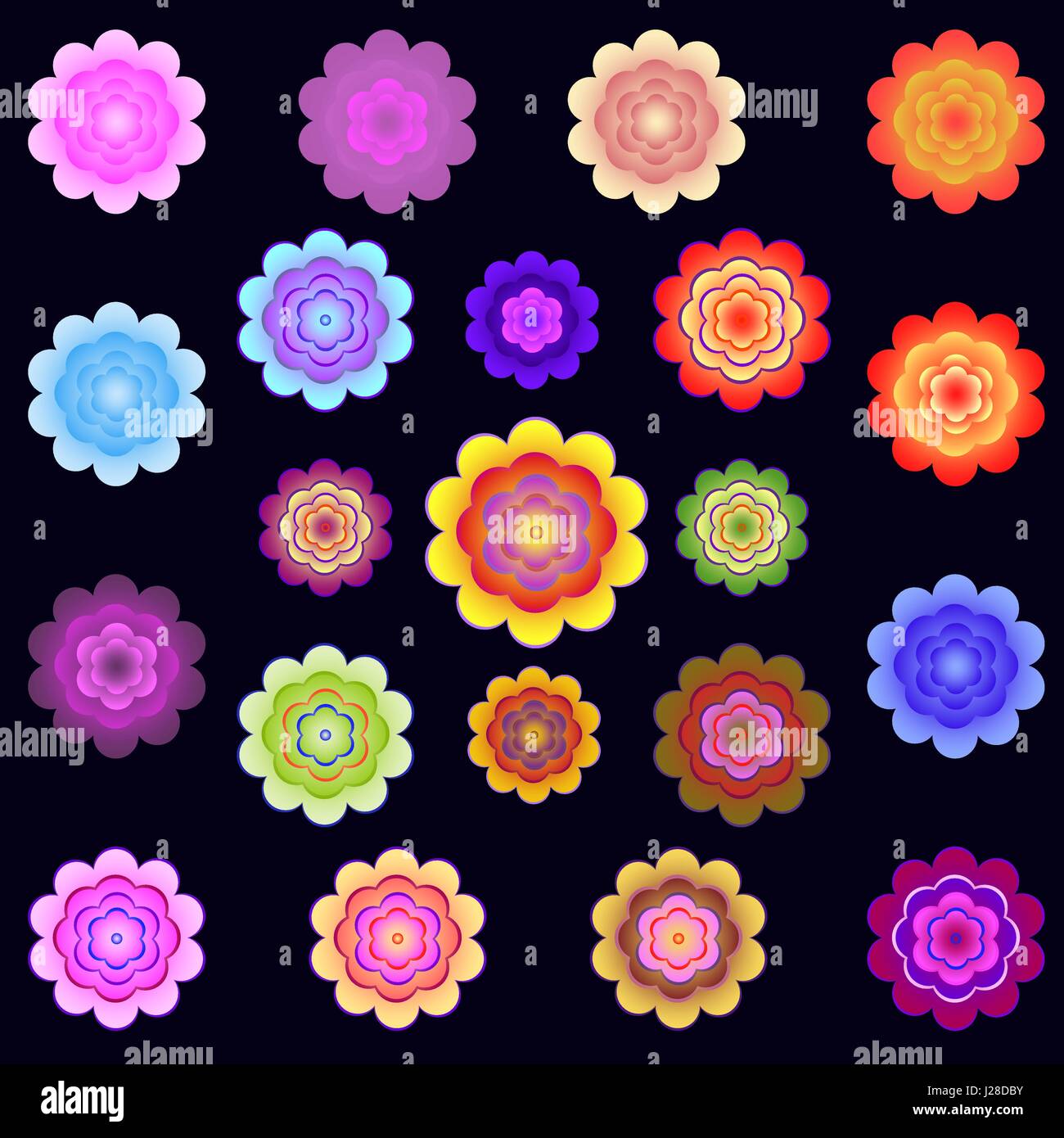 Templates of bright colored stylized flowers on a black background for ...