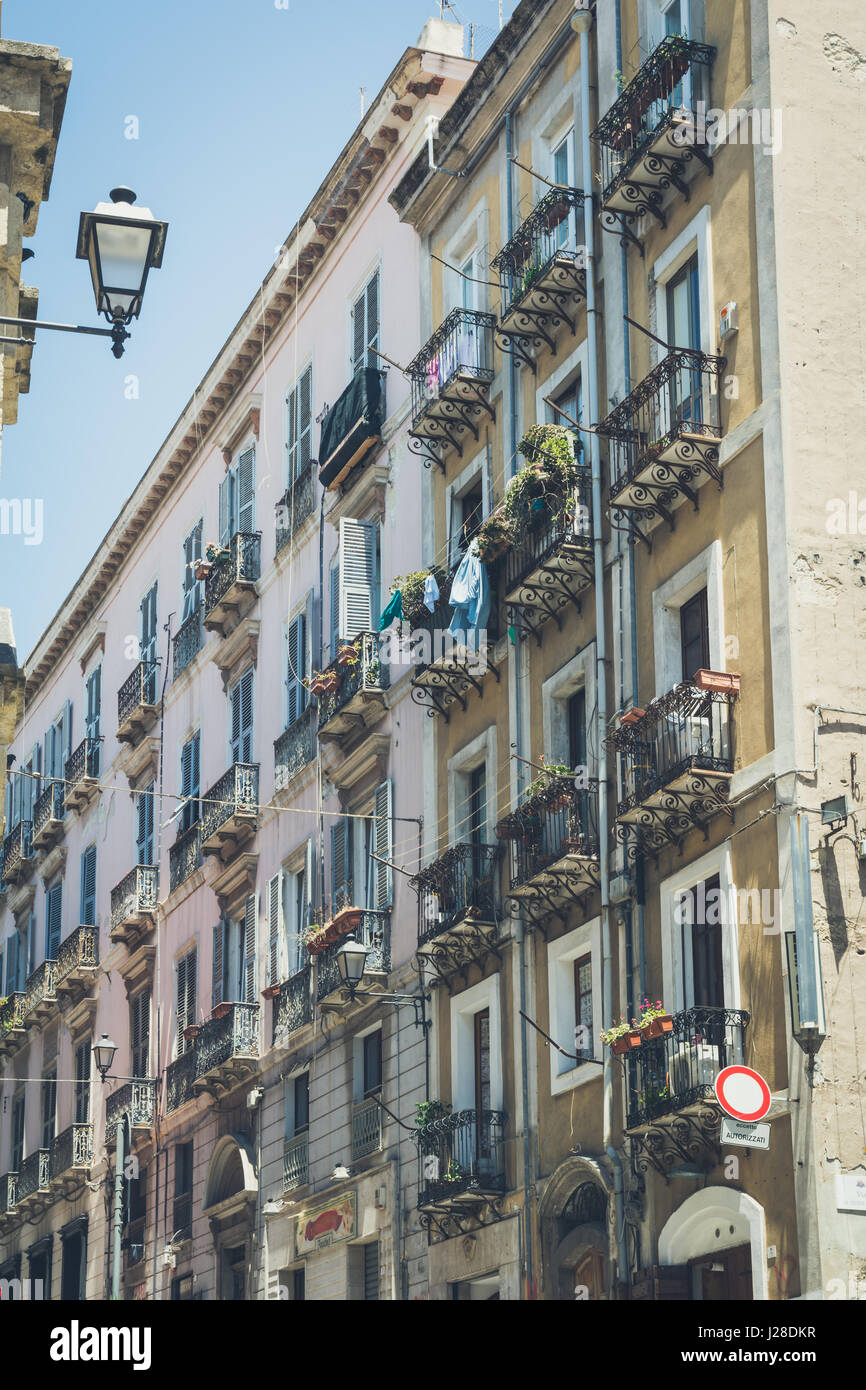 Beautiful light colored buildings in the downtown of Cagliari, Sardinia ...