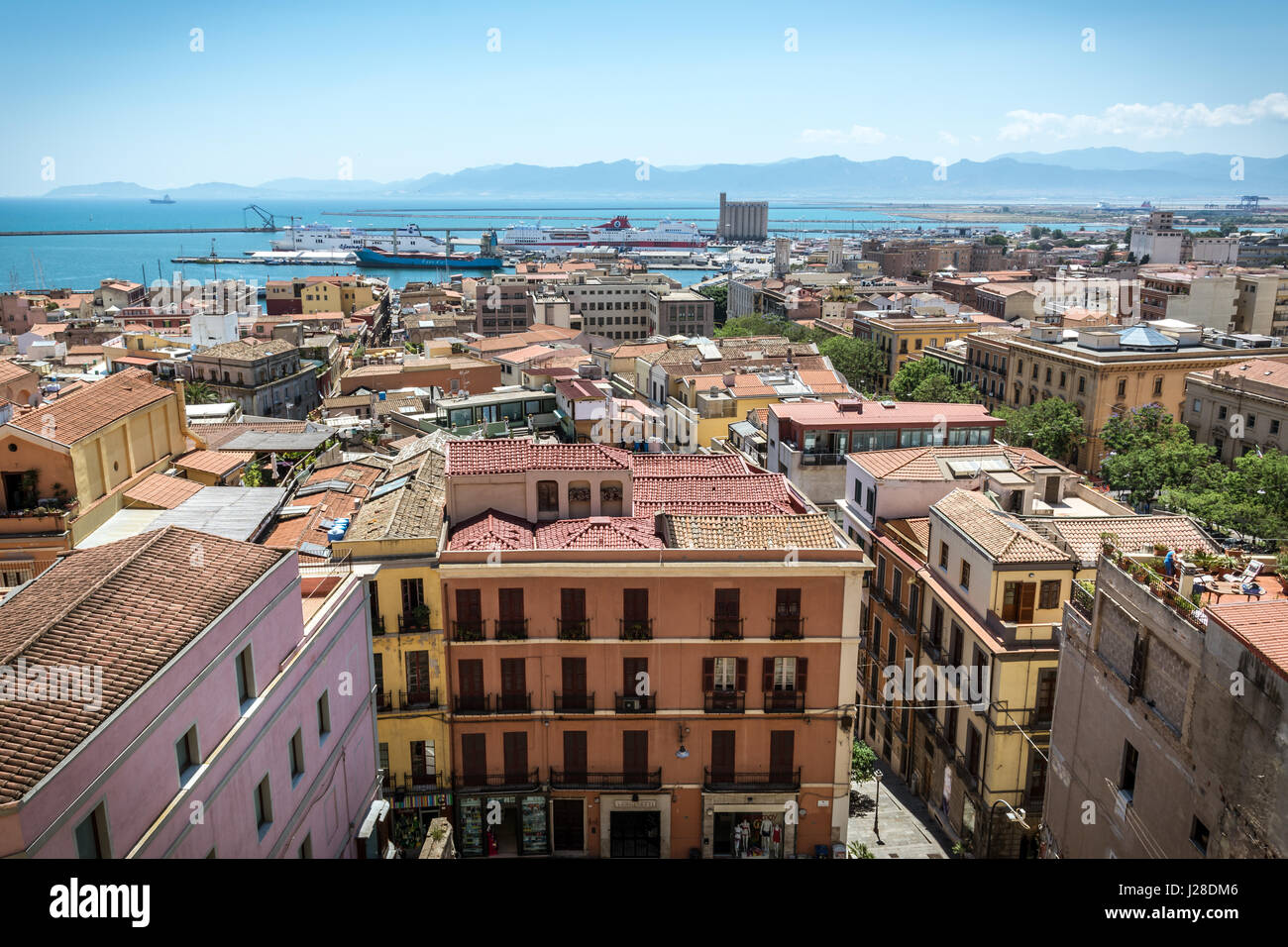 View on the city of Cagliari, the capital of Sardinia. Colorful houses ...