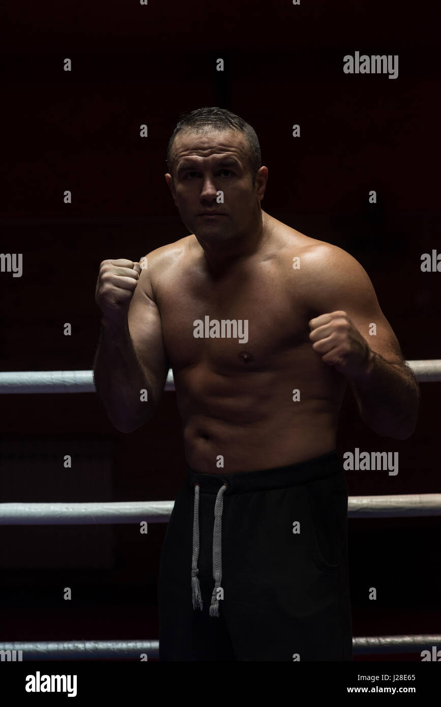professional kickboxer with hands in martial arts position training for ...