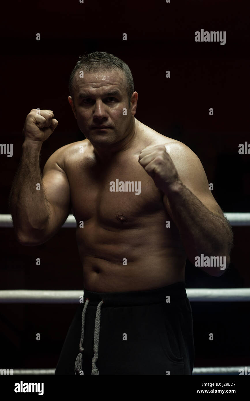 professional kickboxer with hands in martial arts position training for ...