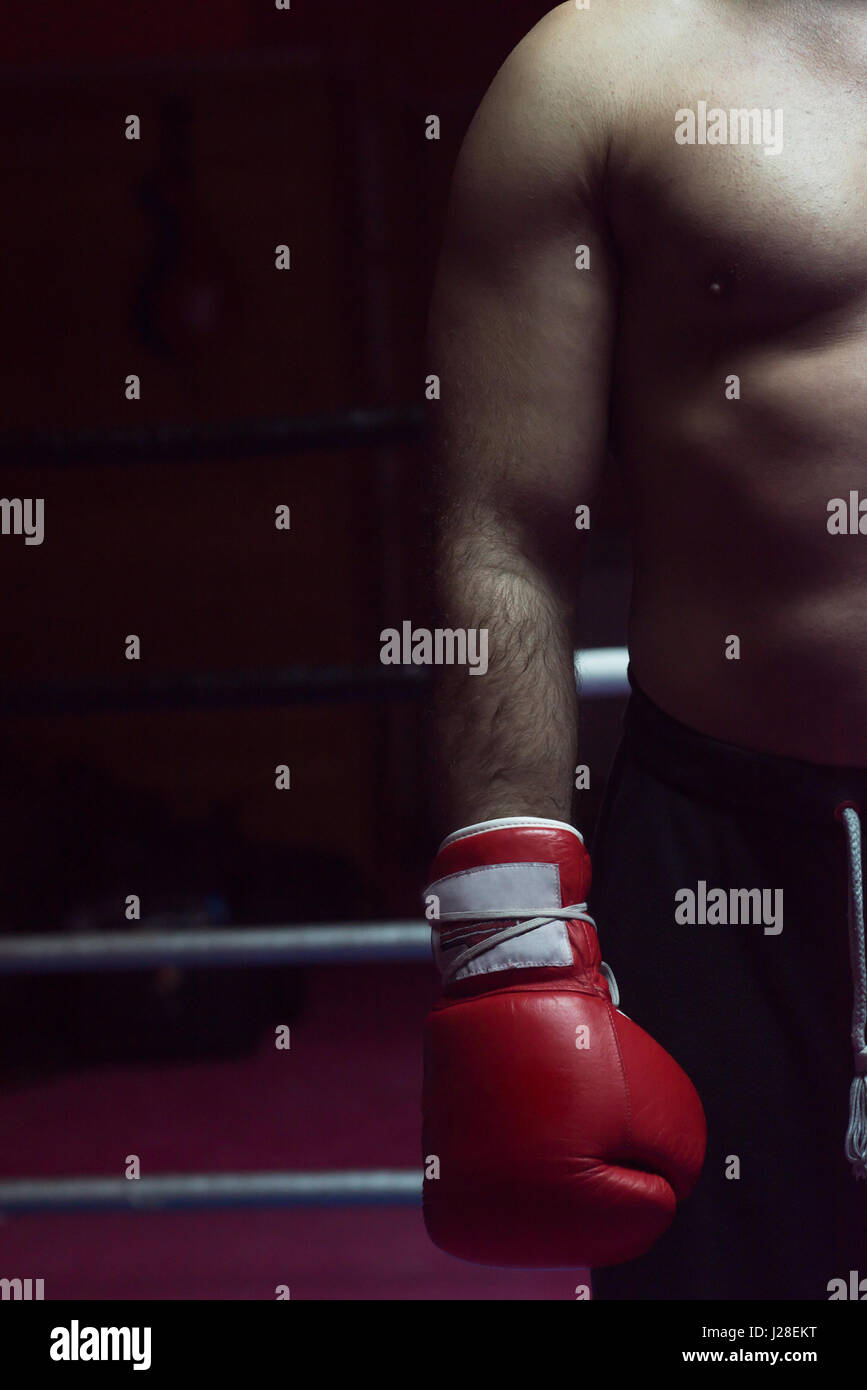 muscular professional kick boxer resting on the ropes in the corner of ...
