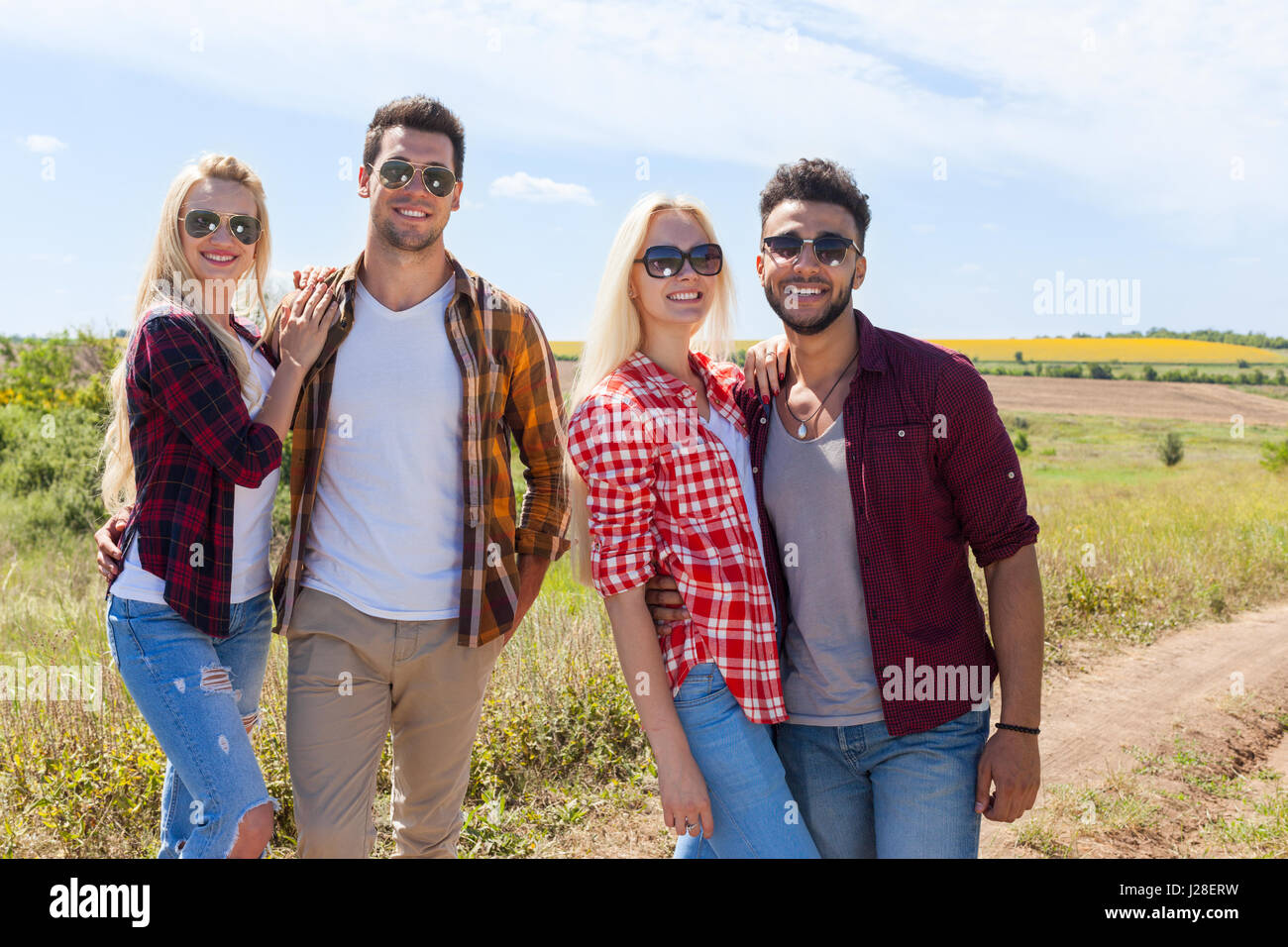 People group friends walking countryside road two couple happy smile ...