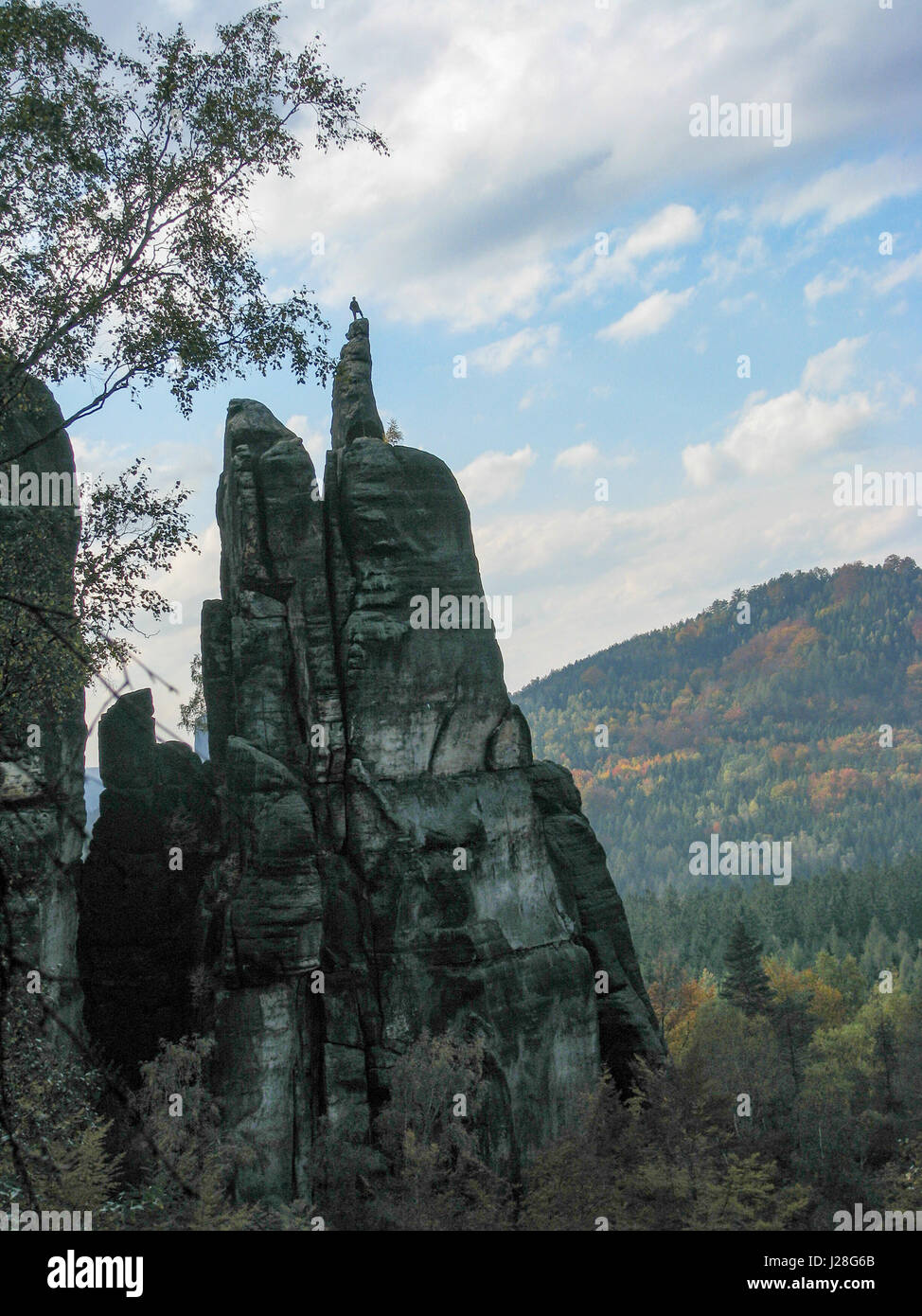 Germany, Saxony, Saxon Switzerland, rocks with climbers against blue ...