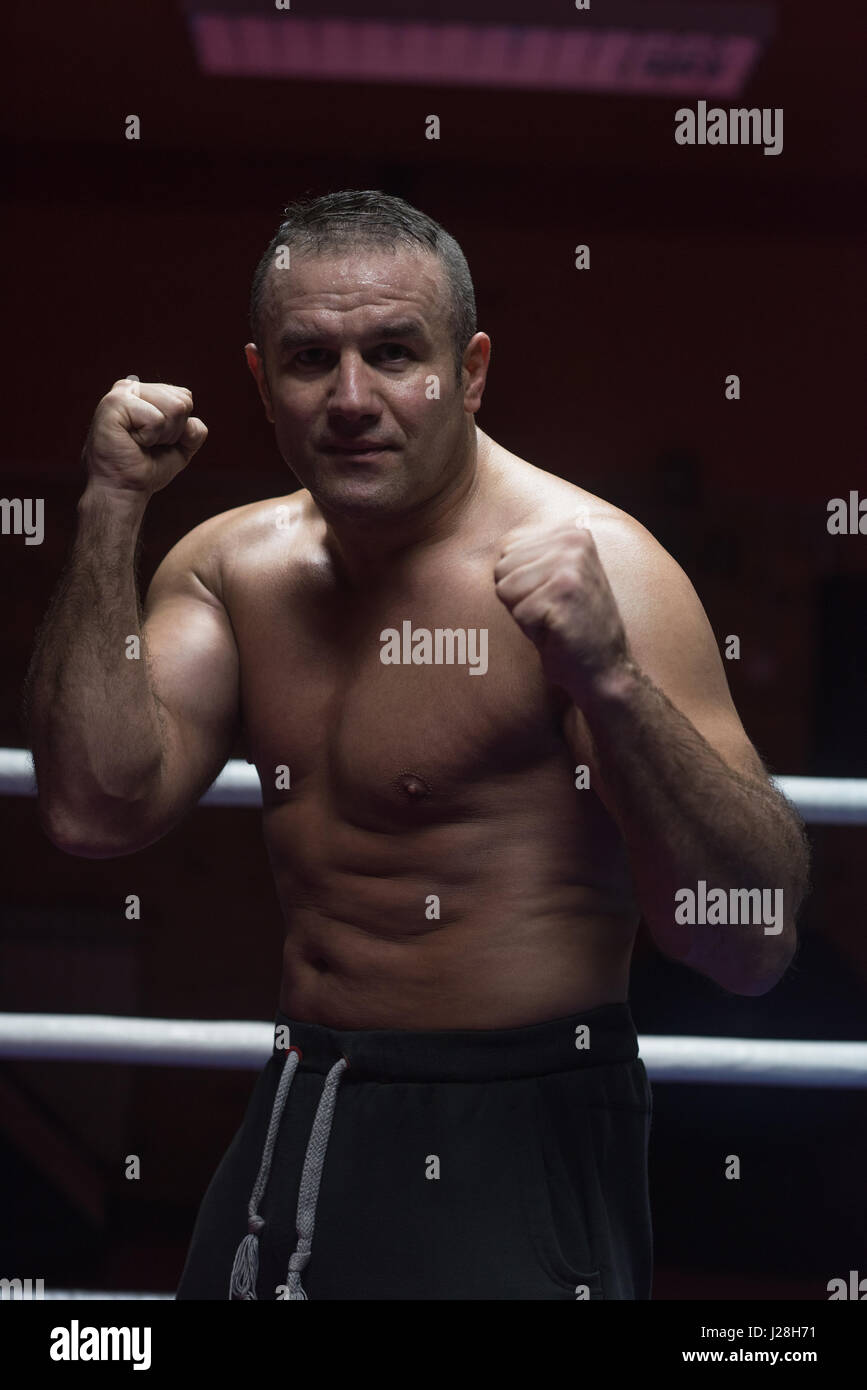 professional kickboxer with hands in martial arts position training for ...