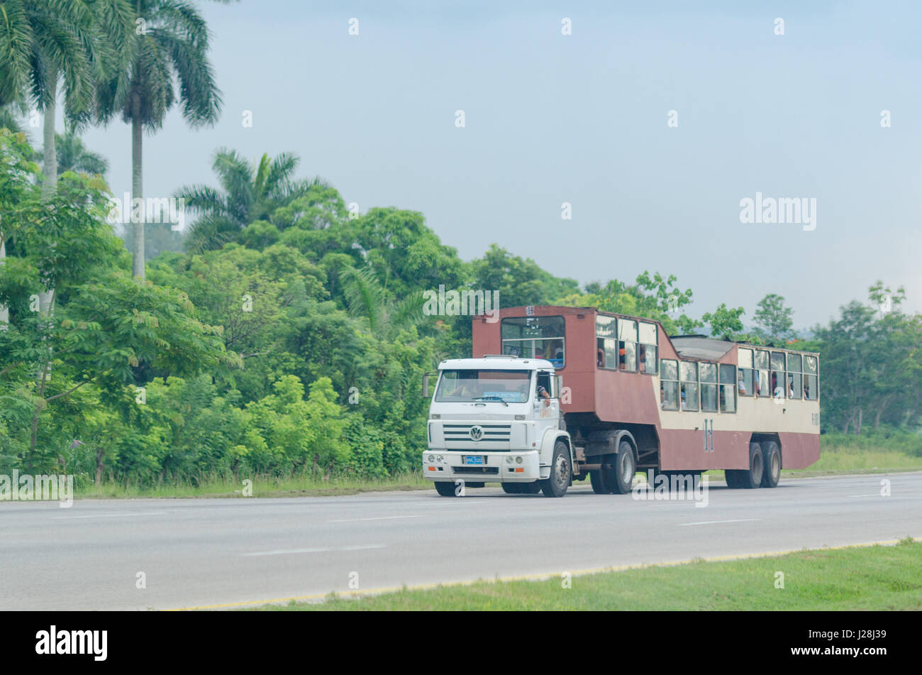 Cuba, Matanzas, Nueva Paz, A semitrailer bus, saddle bus, camel bus, is ...
