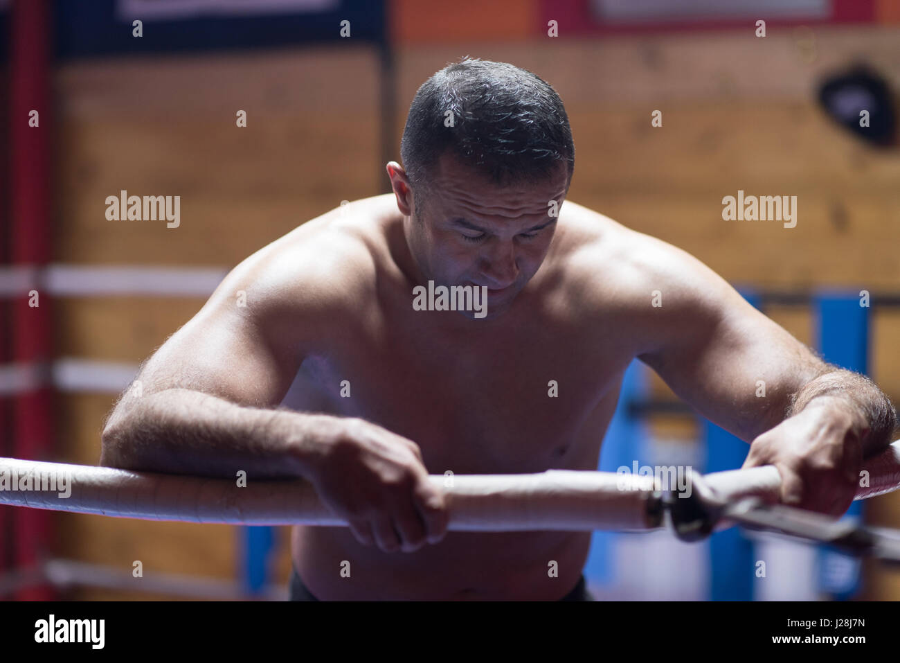 muscular professional kick boxer resting on the ropes in the corner of ...