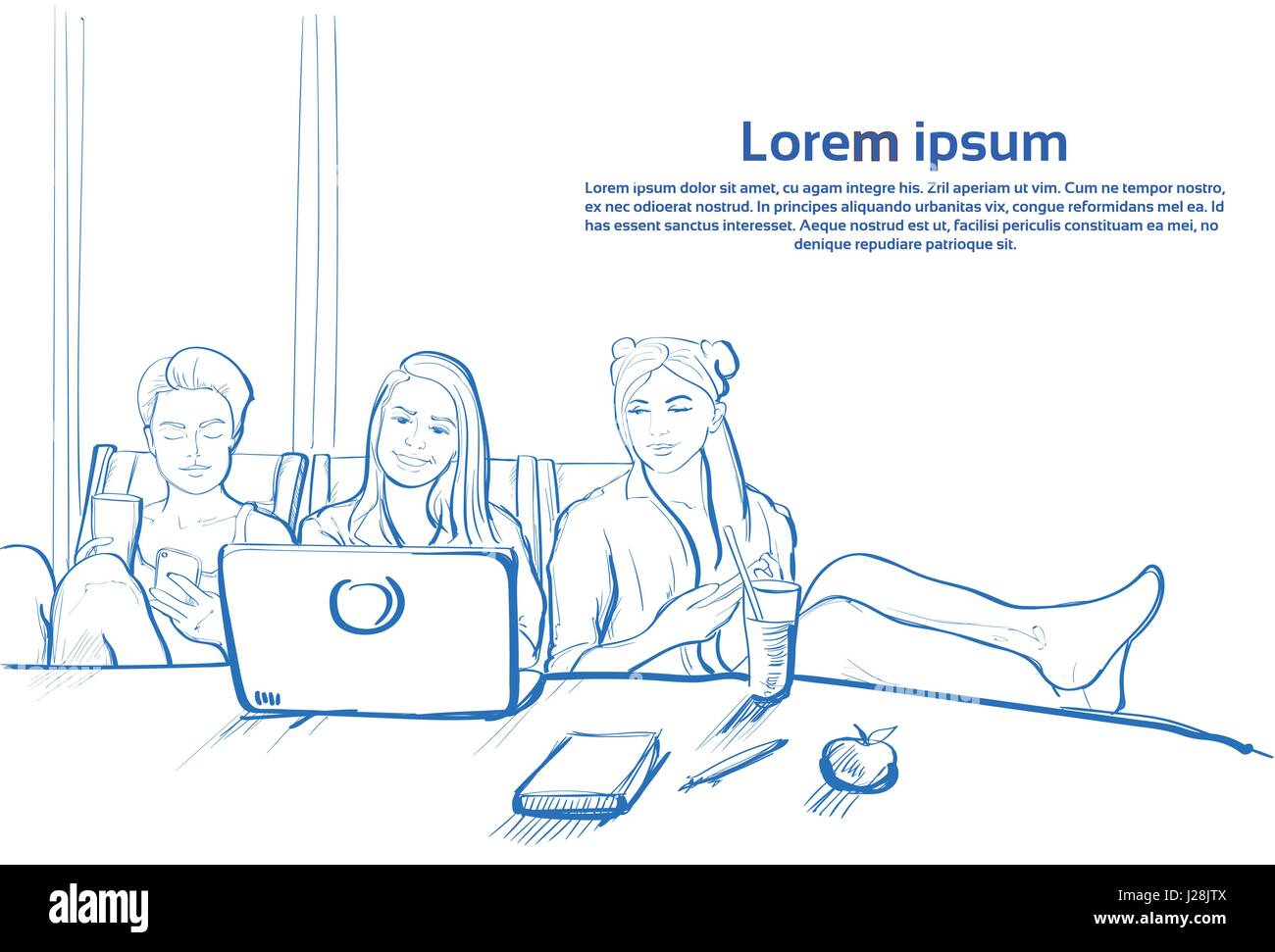 Three Sketch Girl Sitting Together Using Laptop Computer Chatting On ...