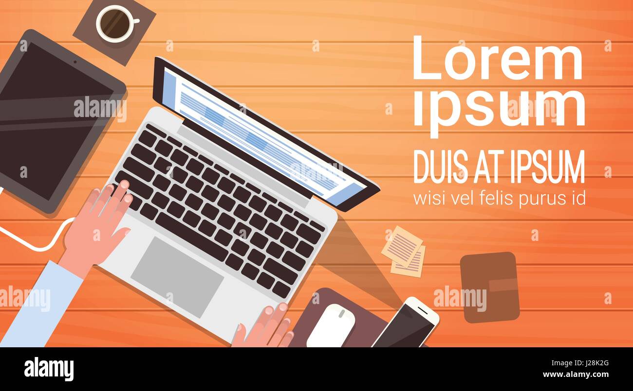 Businessman Workplace Desk Hands Working Laptop Computer Top Angle View ...