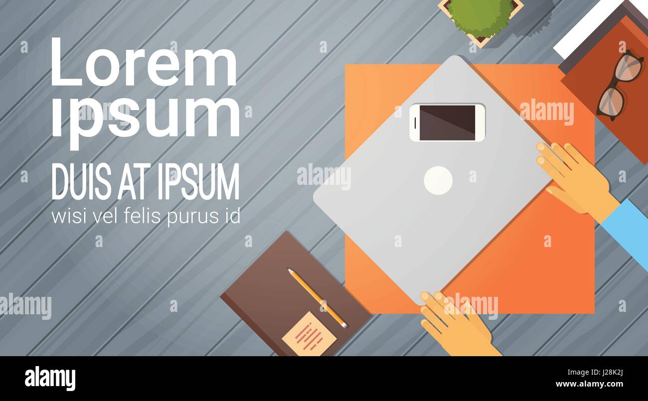 Businessman Workplace Desk Hands Working Laptop Computer Top Angle View ...