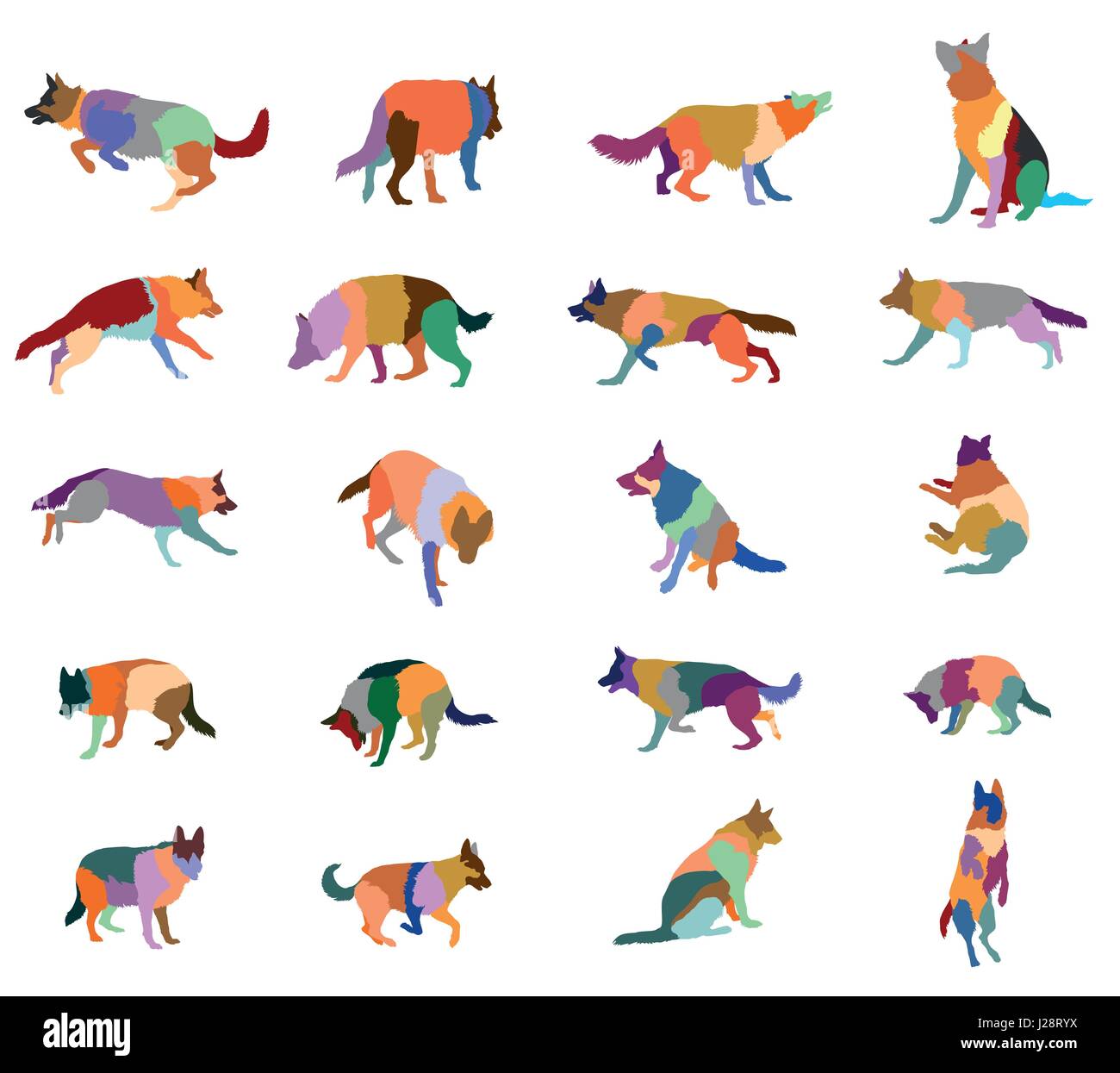 Set vector mosaic silhouettes of colorful dogs (German shepherd dog ...