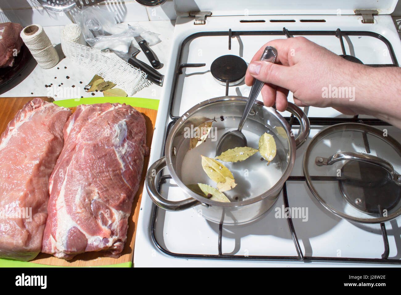 Preparation raw meat for smoking. Pork neck meat and bacon. Decoction ...