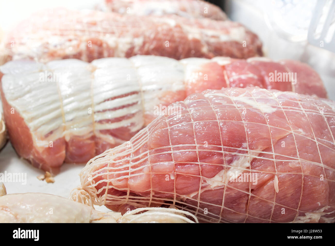 Preparation raw meat for smoking. Pork neck meat and baconMeat prepared ...