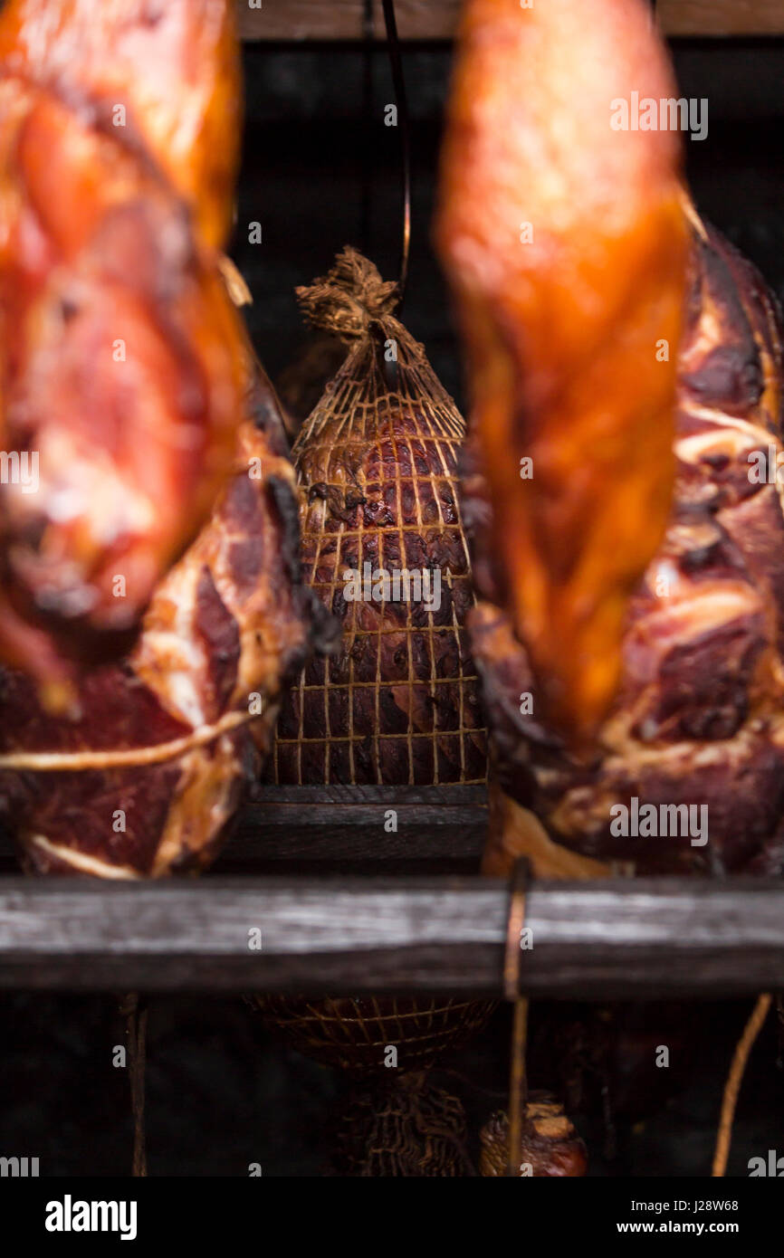 Stages of smoking. Ready-smoked meat in the smokehouse Stock Photo - Alamy