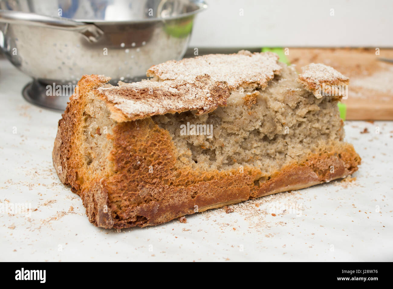 Crushed bread of your own baking on the kitchen counter. Failed baking ...