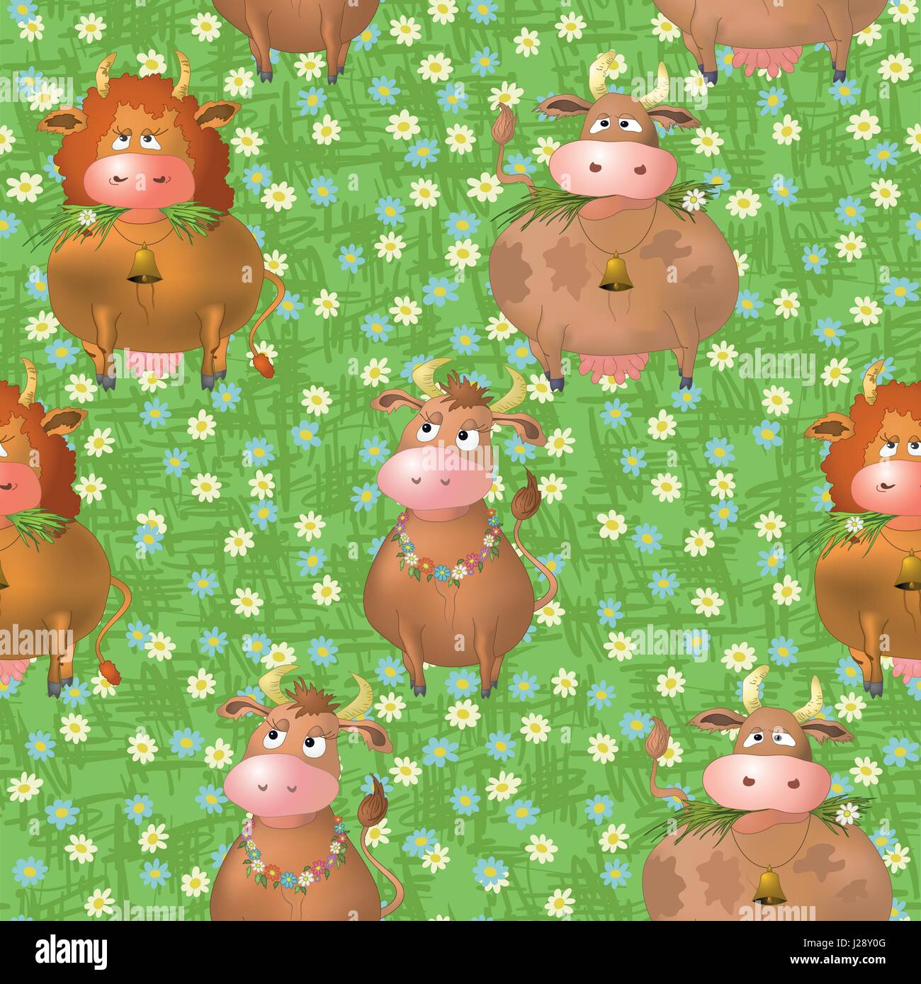 Seamless pattern, cartoon cows on a green summer flowering meadow ...