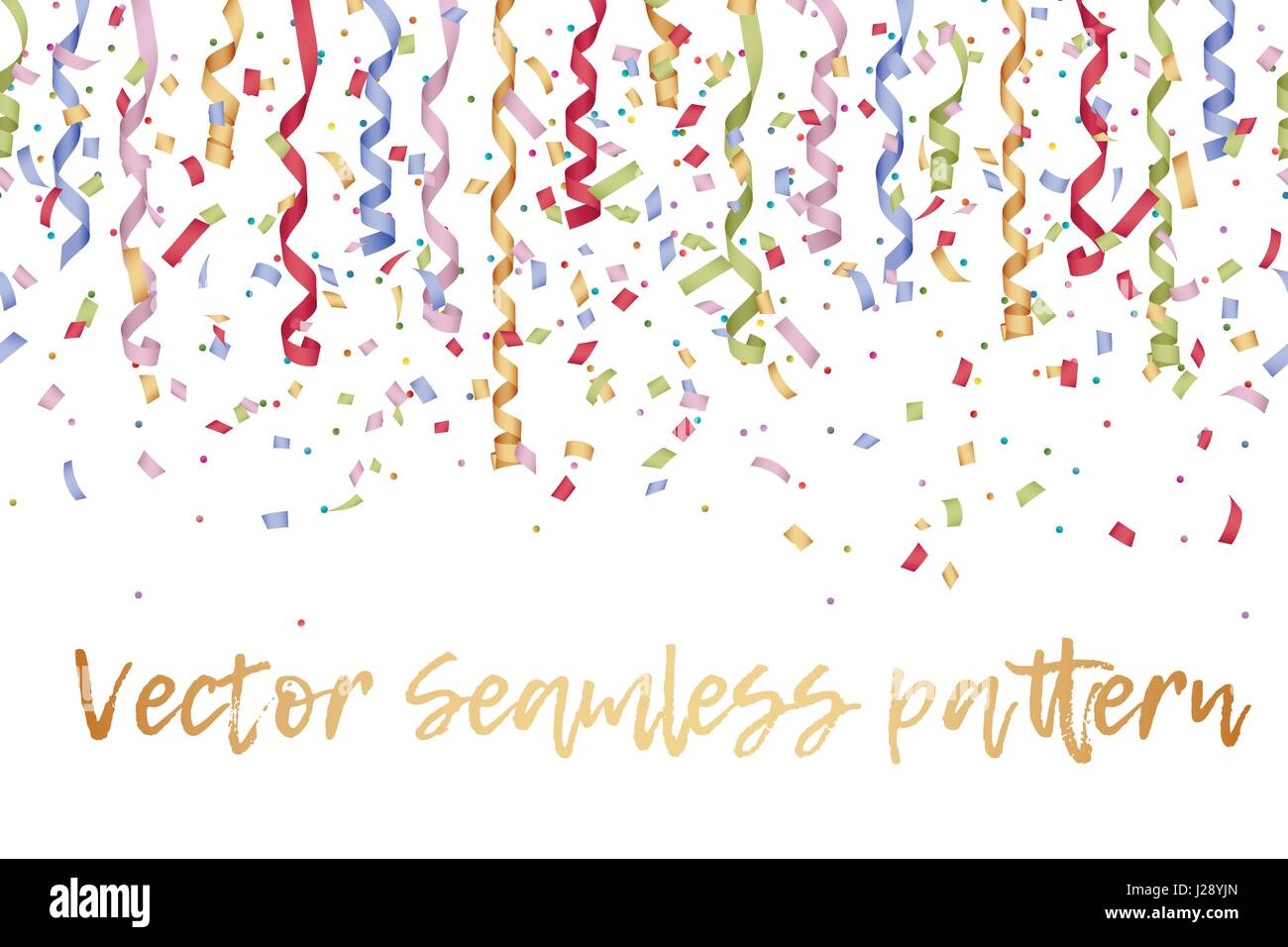 Curly golden paper ribbon and confetti on white background. Seamless ...