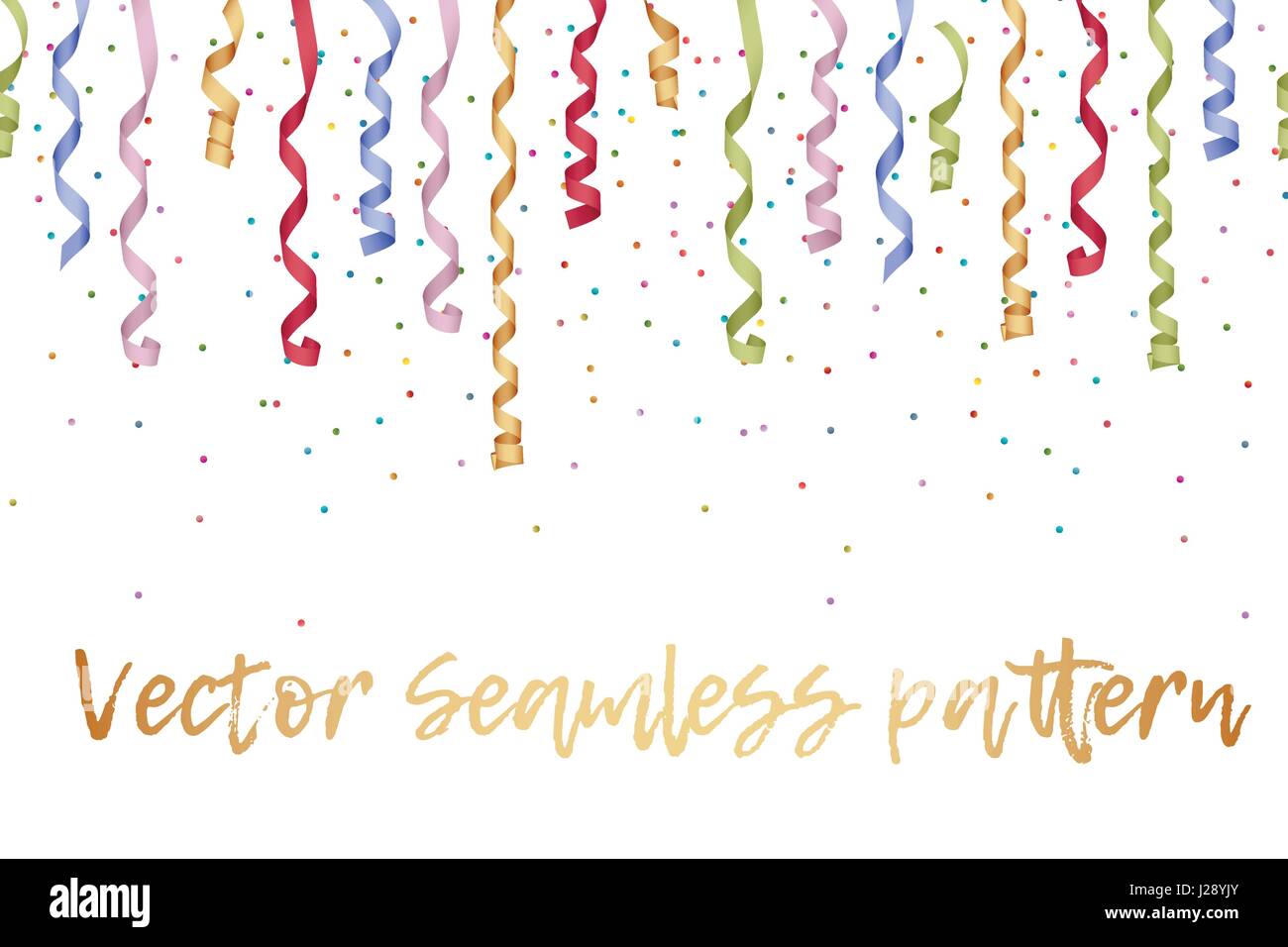 Curly golden paper ribbon and confetti on white background. Seamless ...