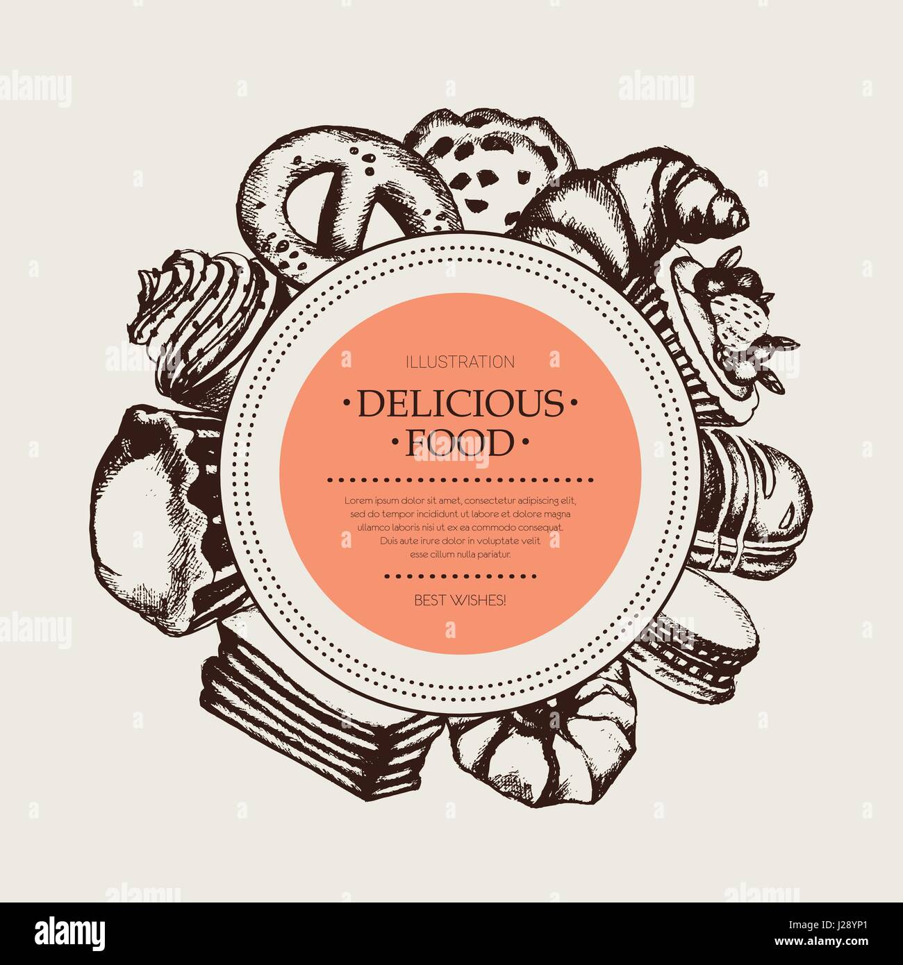 Delicious Sweets - monochromatic vector hand drawn round banner with ...