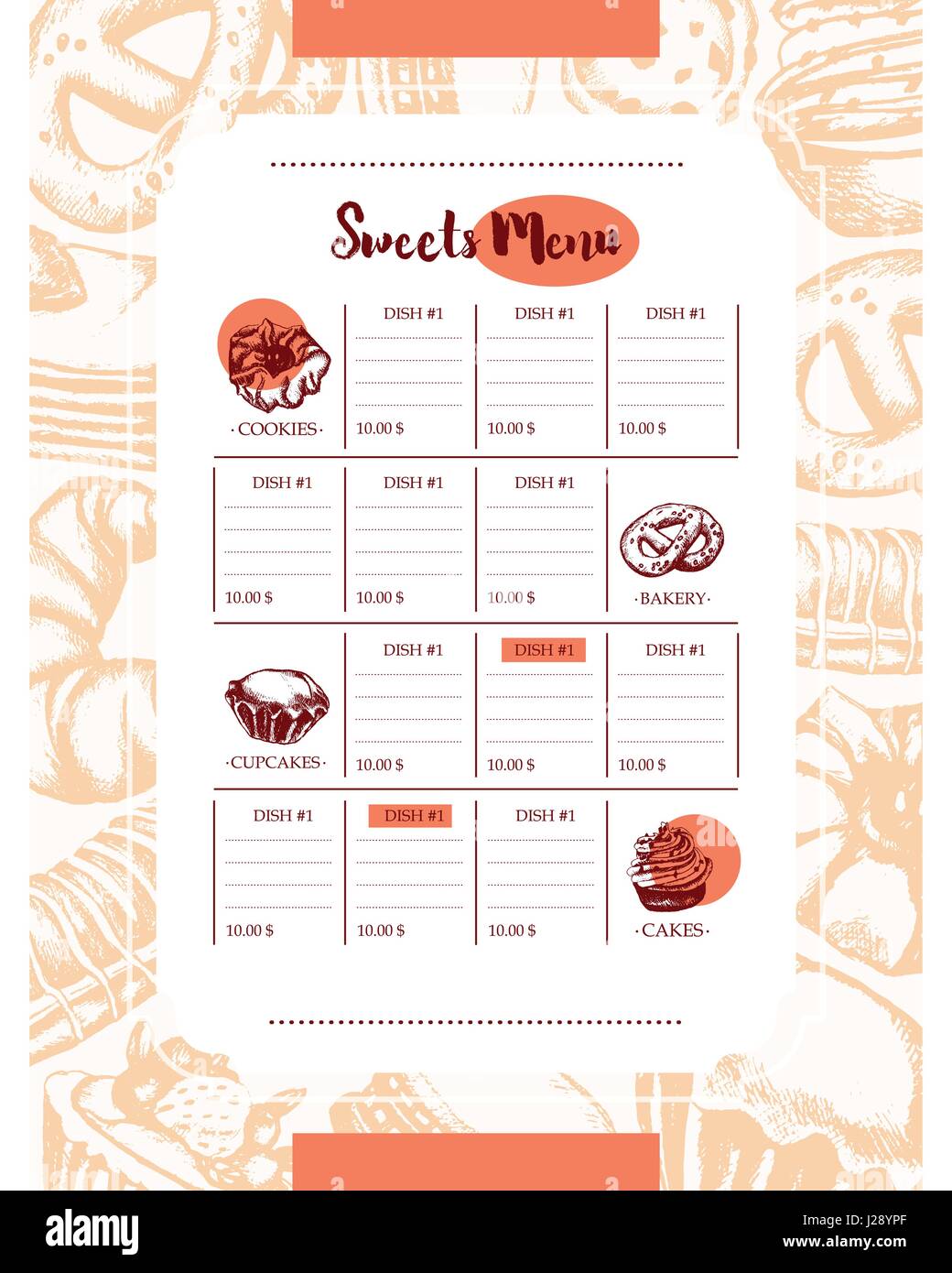 Delicious Sweets - color vector hand drawn composite template menu with ...