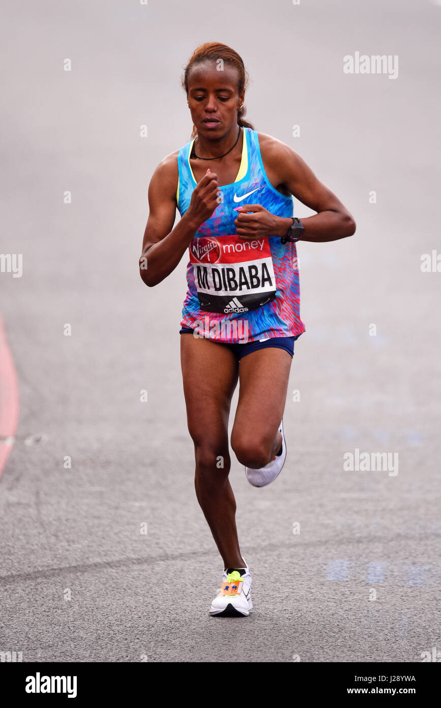 Mare Dibaba running in the 2017 Virgin London Marathon after crossing ...