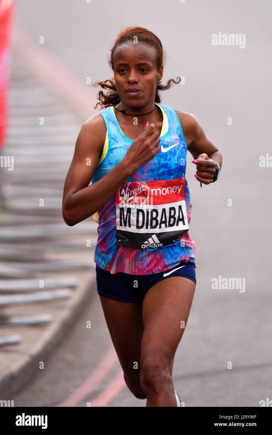 Mare Dibaba running in the 2017 Virgin London Marathon after crossing ...