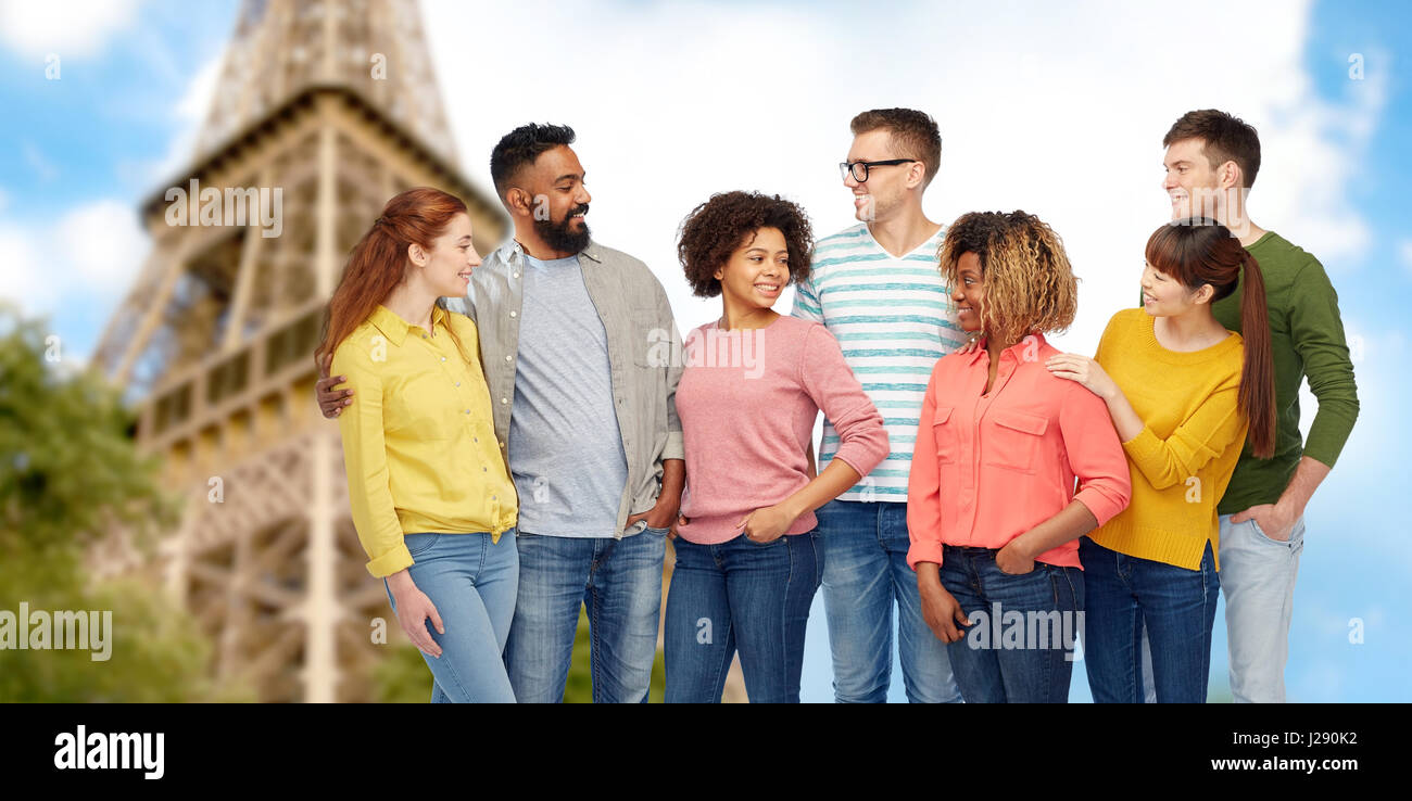 international group of people over eiffel tower Stock Photo - Alamy